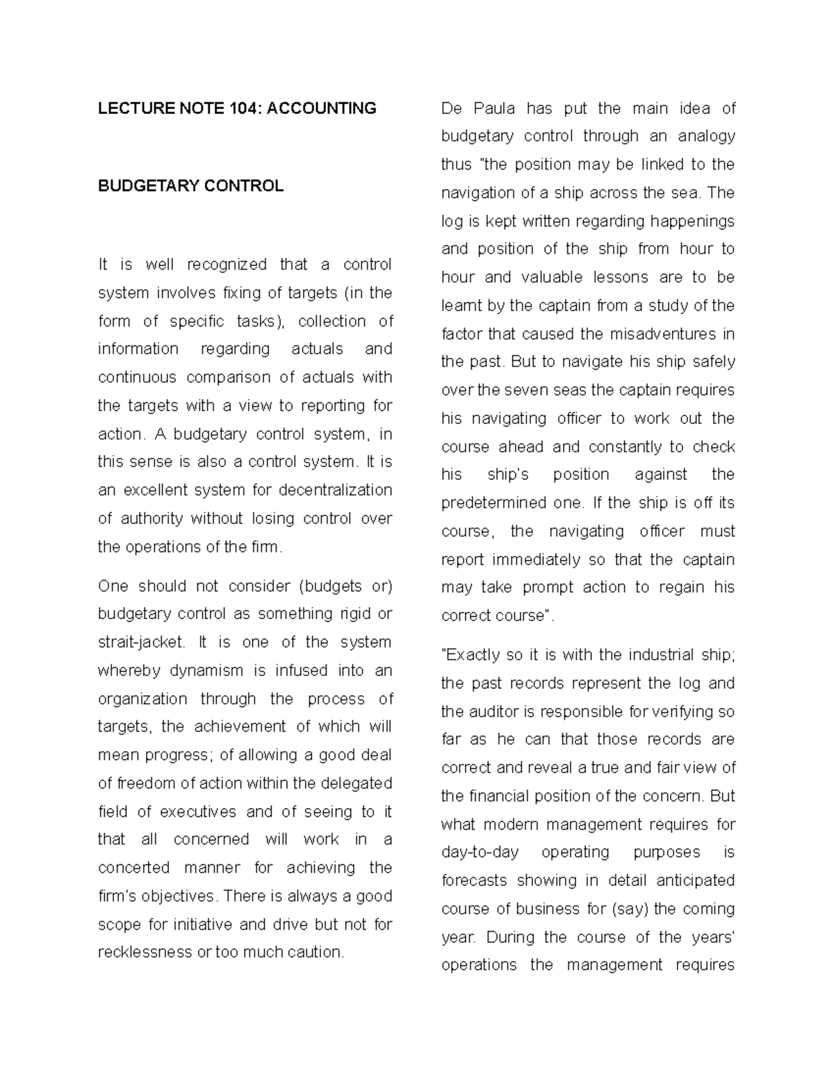 104 Lesson Notes in Accounting - LECTURE NOTE 104: ACCOUNTING BUDGETARY ...