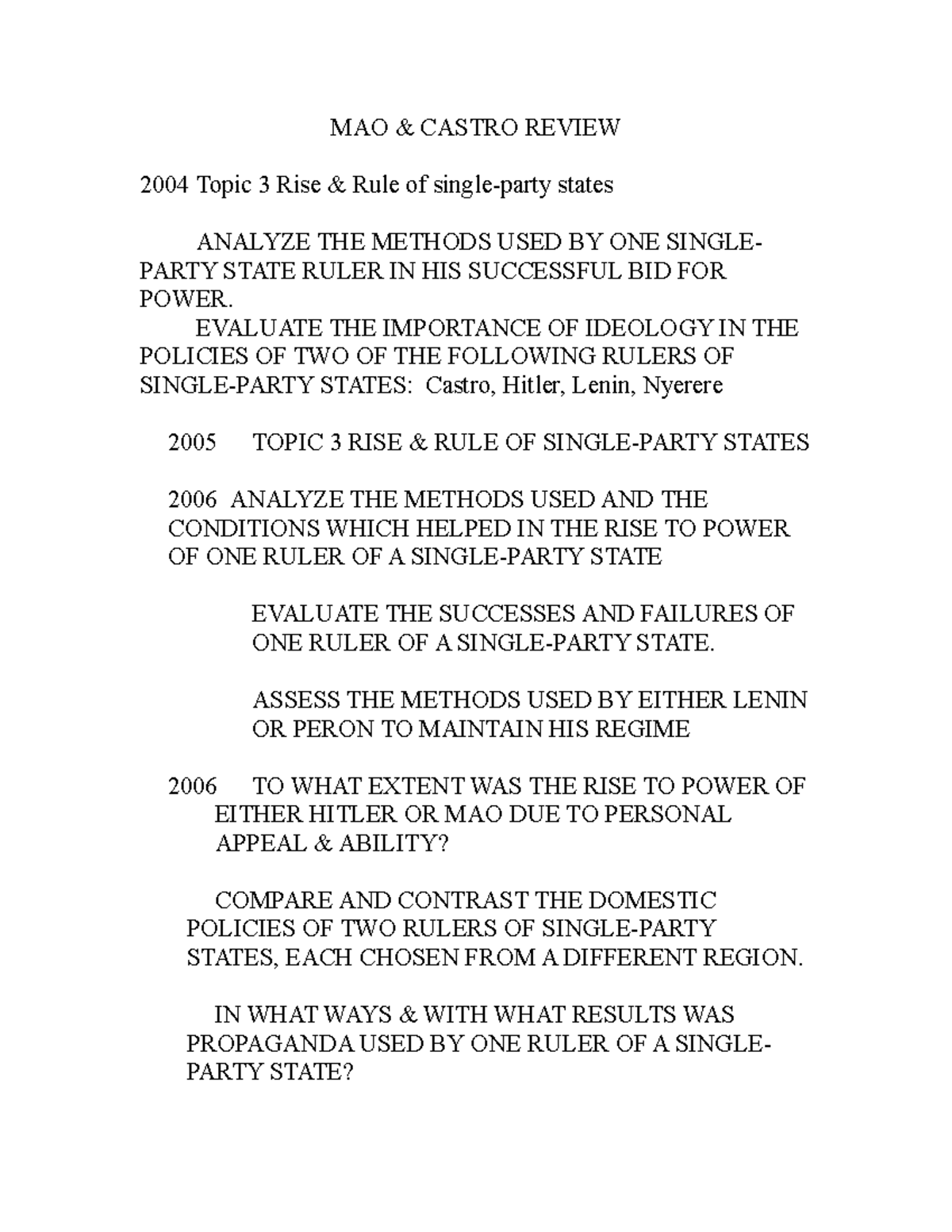 Mao paper 2 questions - MAO & CASTRO REVIEW 2004 Topic 3 Rise & Rule of ...