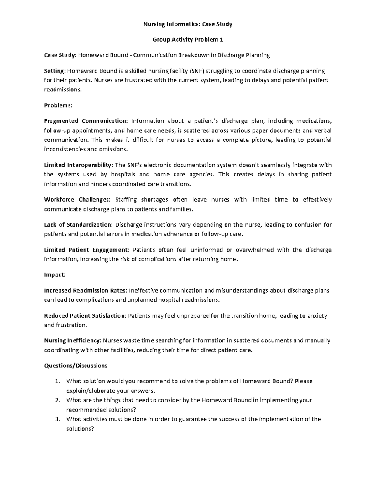 Nursing Informatics Case Study for BSN2 - Nursing Informatics: Case ...