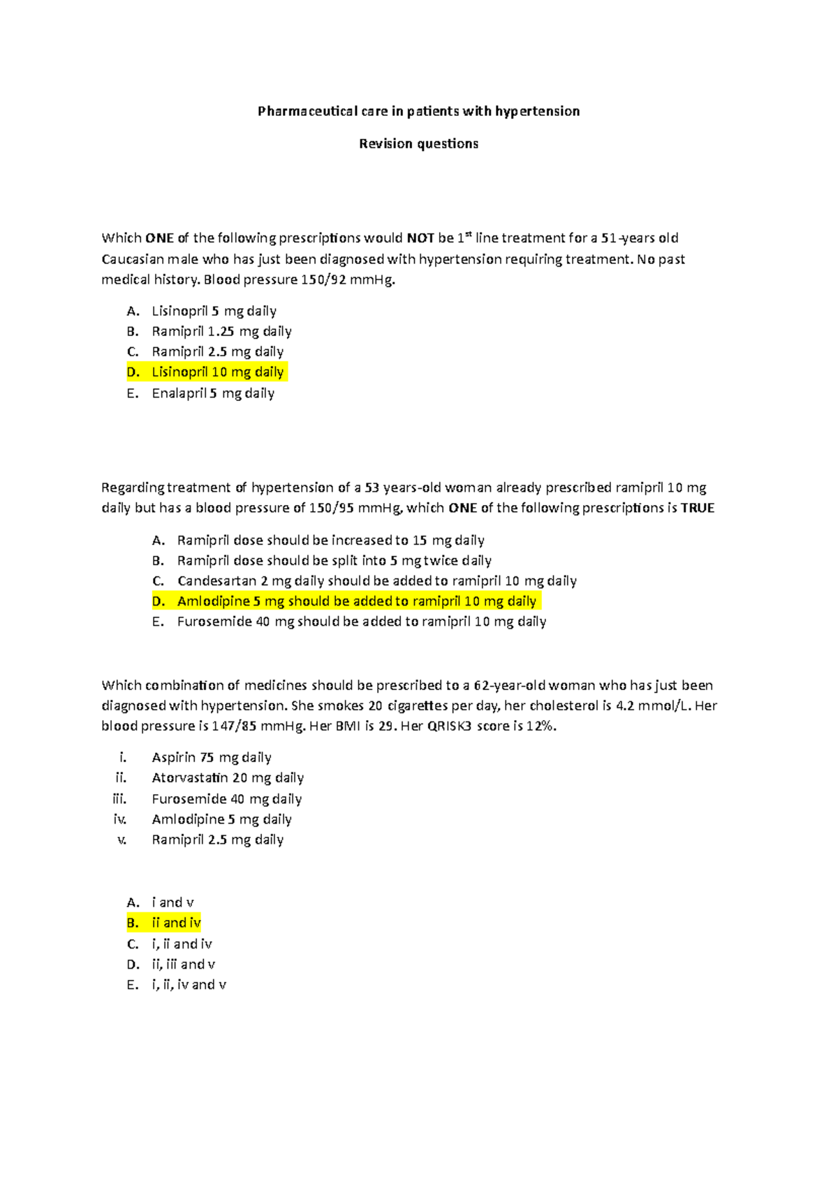 Revision questions MP323 - hypertension 2023 - Pharmaceutical care in ...