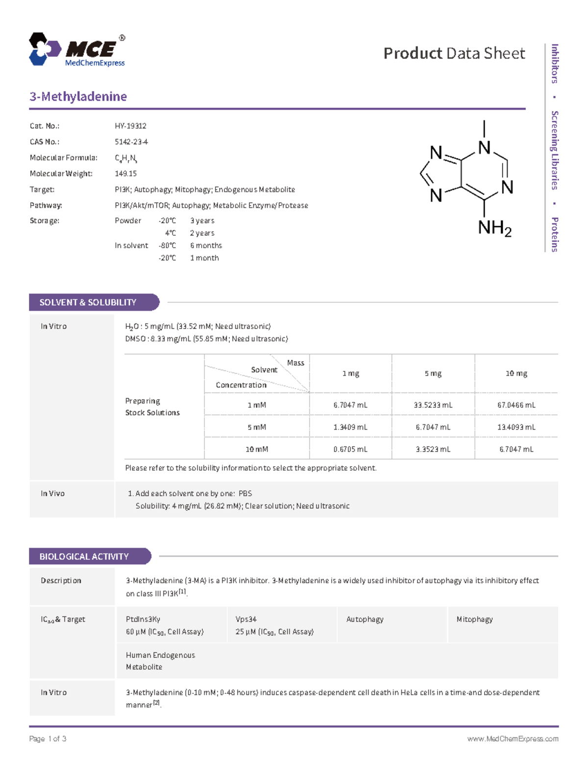 3 Methyladenine Data Sheet Med Chem Express - 3-Methyladenine Cat. No ...