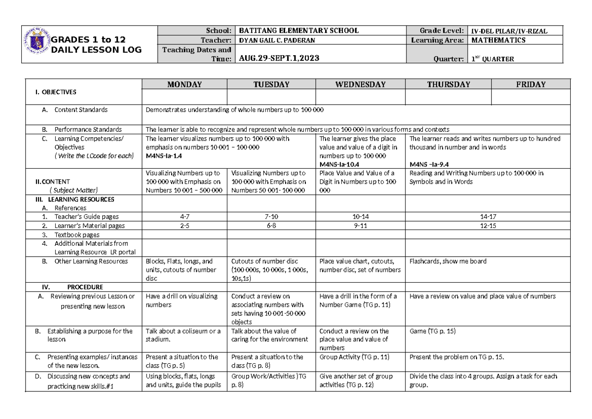 DLL MATH 4 Q1 W1 - dll - GRADES 1 to 12 DAILY LESSON LOG School: BATITANG ELEMENTARY SCHOOL ...