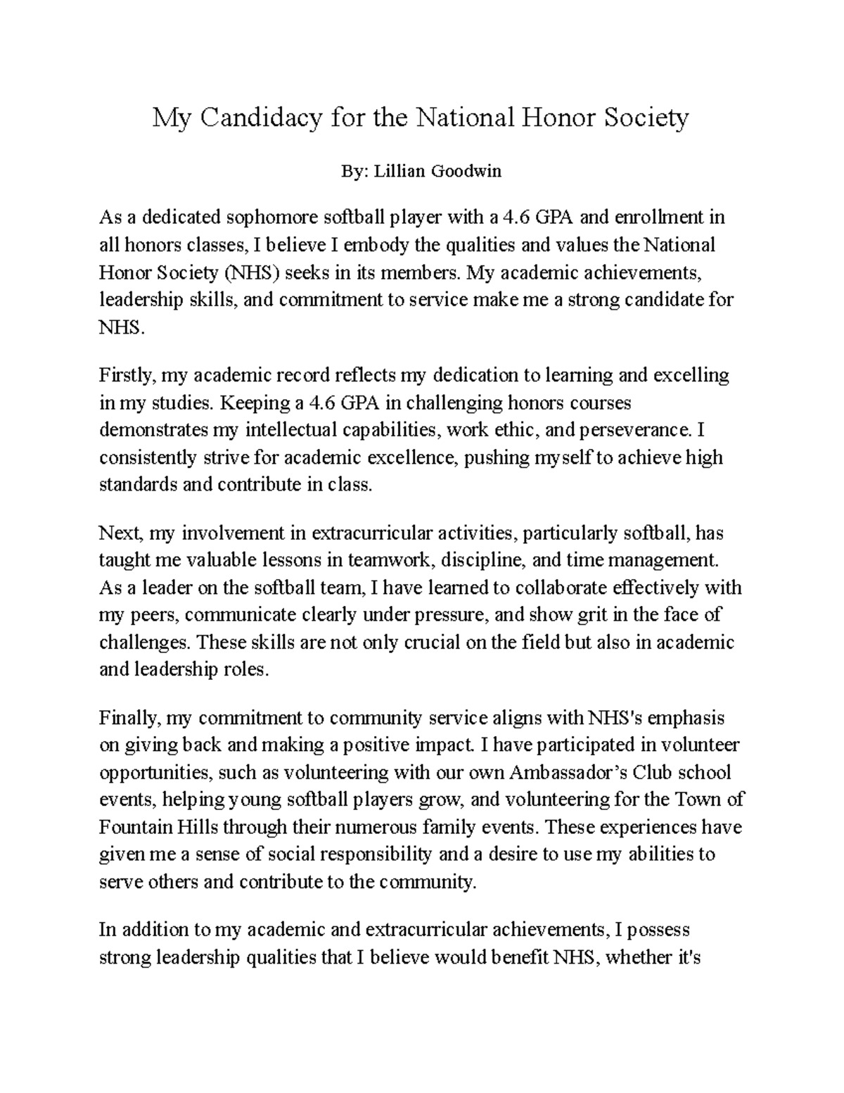 NHS Essay - My Candidacy for the National Honor Society By: Lillian ...