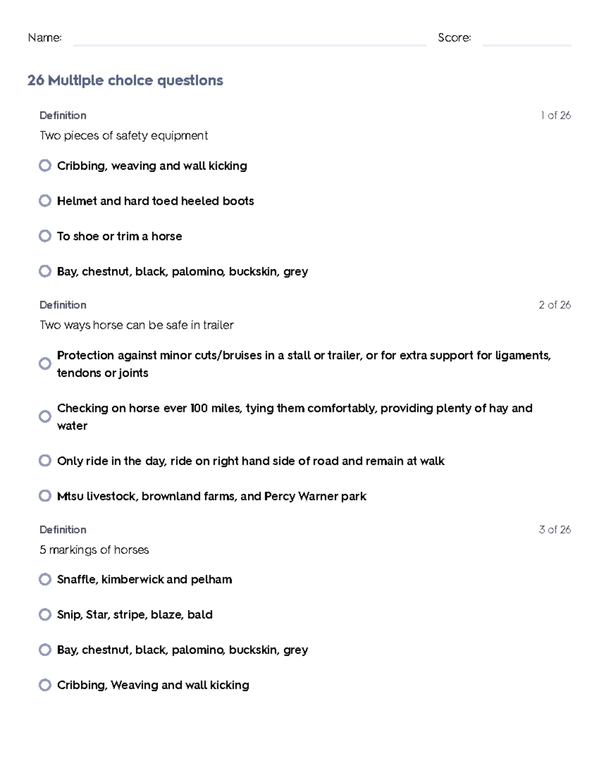 Pony club d2 - Name: Score: 26 Multiple choice questions Definition Two ...