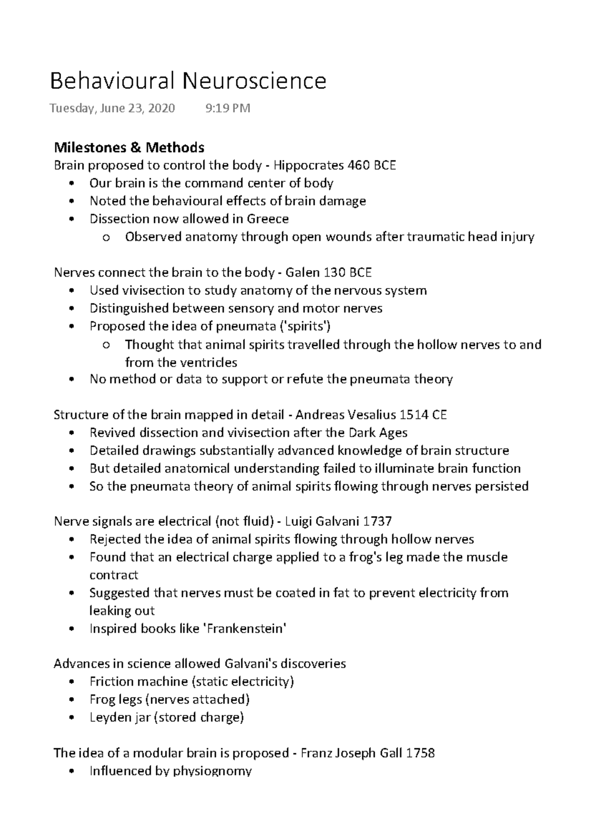 Behavioural Neuroscience Notes - Milestones & Methods Brain proposed to ...