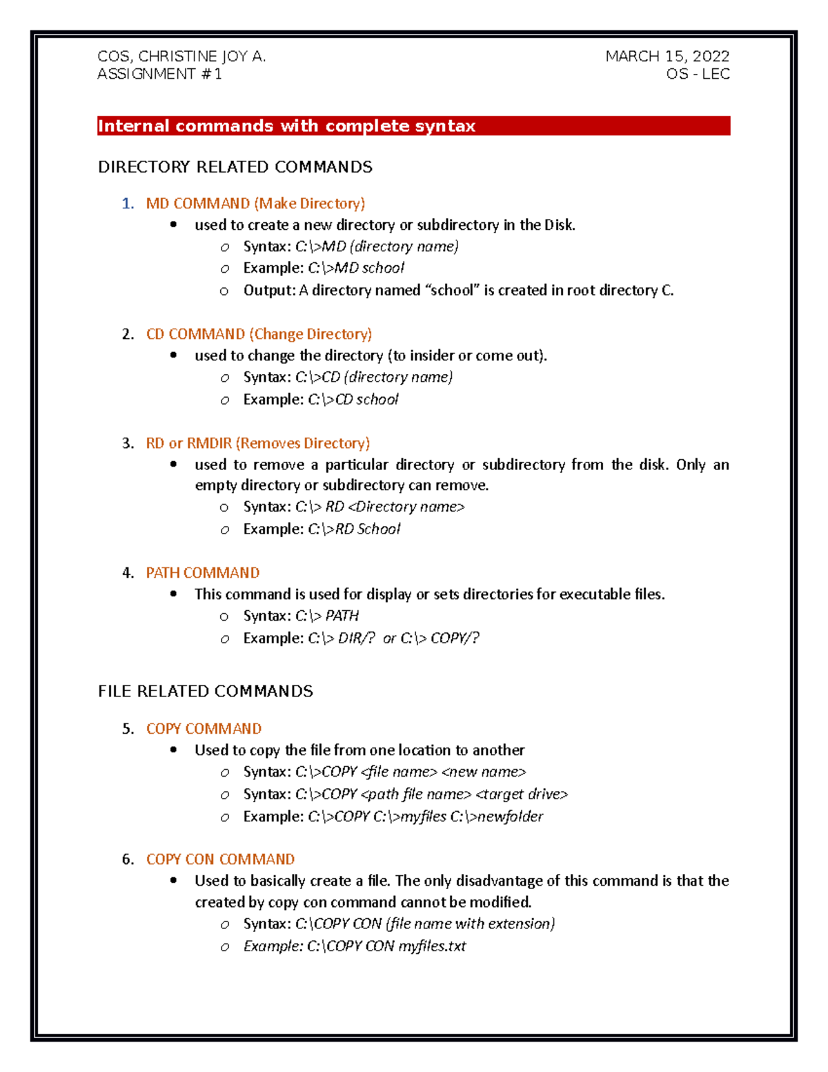 Internal Commands - COS, CHRISTINE JOY A. MARCH 15, 2022 ASSIGNMENT #1 ...