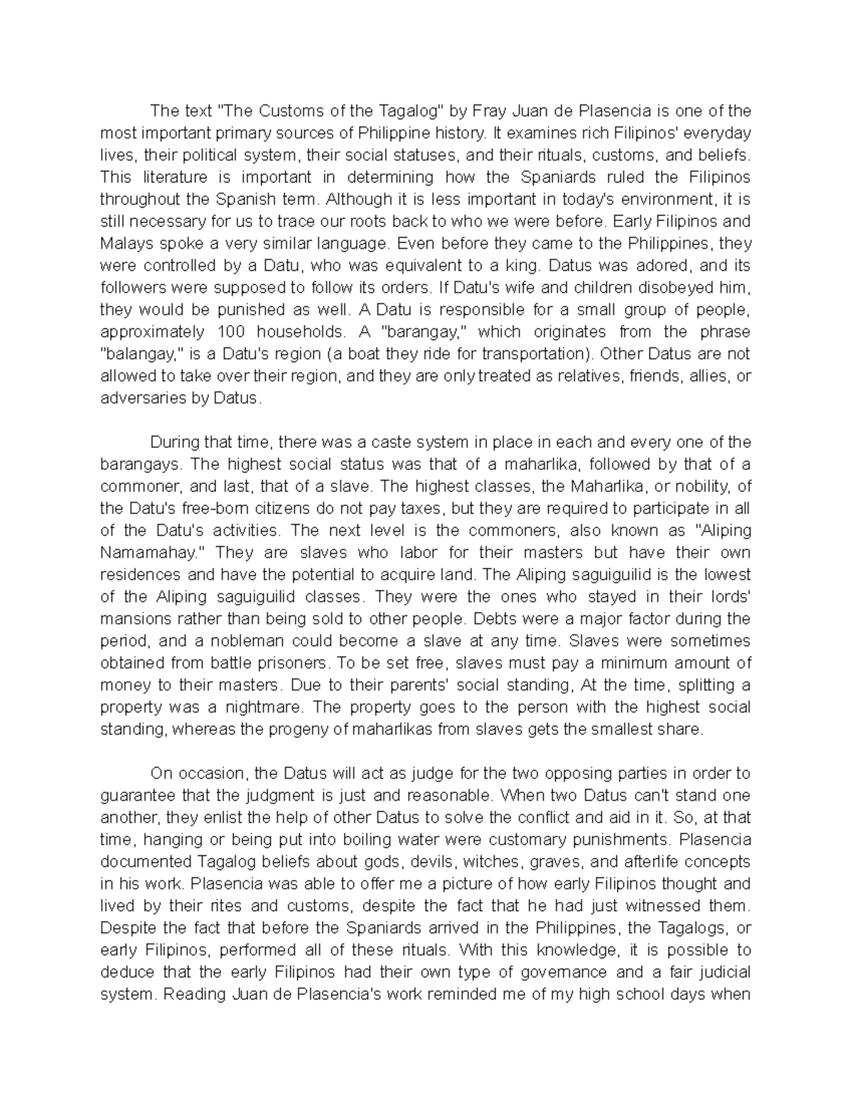 Reflection Paper The Customs of the Tagalog by Fray Juan de Plasencia ...