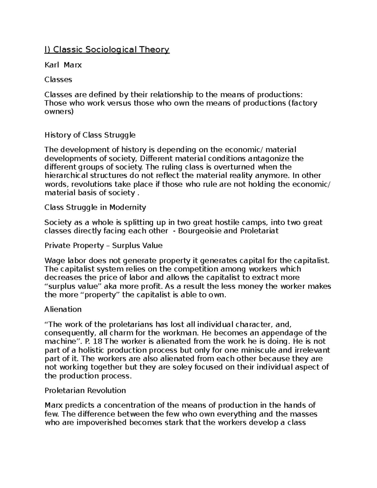 Study Guide Midterm Soc - I) Classic Sociological Theory Karl Marx ...