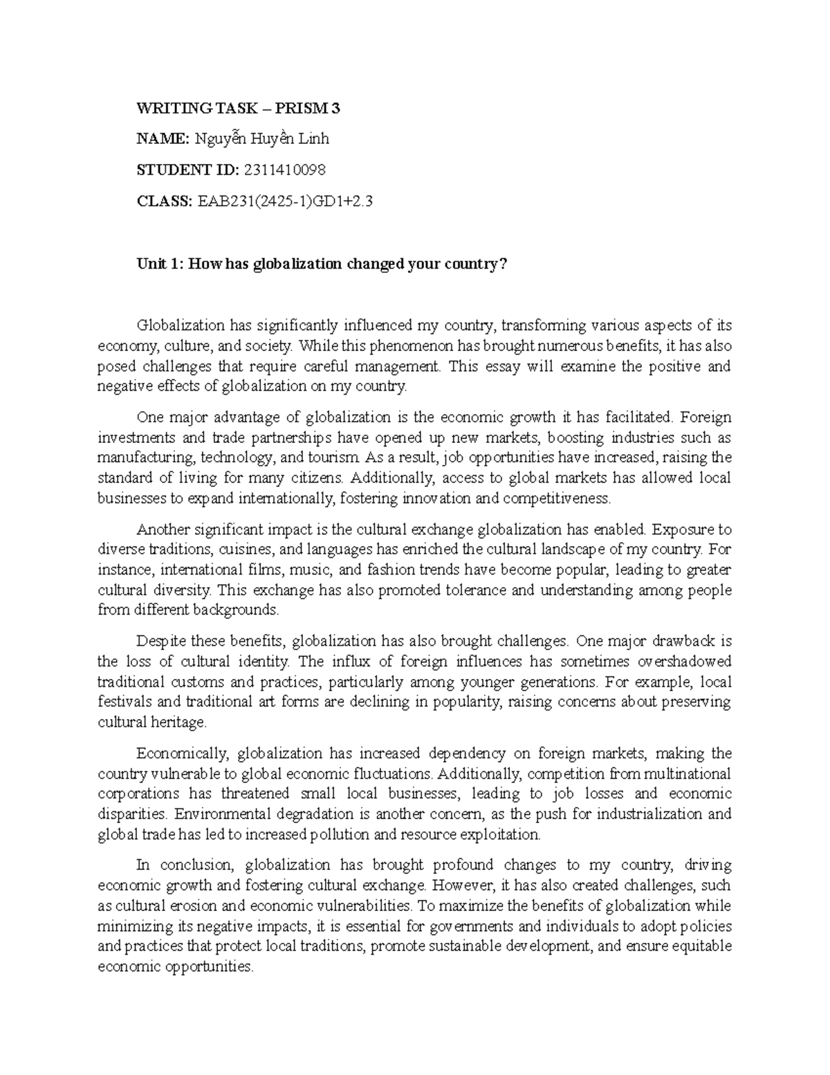 Writing TASK prism hlllll - WRITING TASK – PRISM 3 NAME: Nguyễn Huyền ...