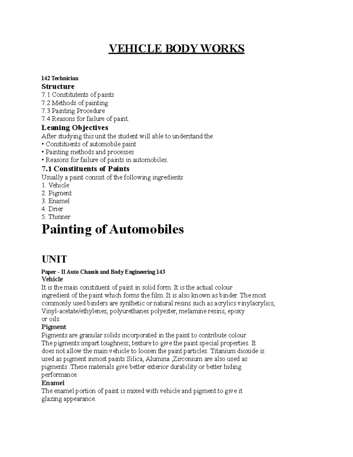 Vehicle BODY Works. paints notes - VEHICLE BODY WORKS 142 Technician ...