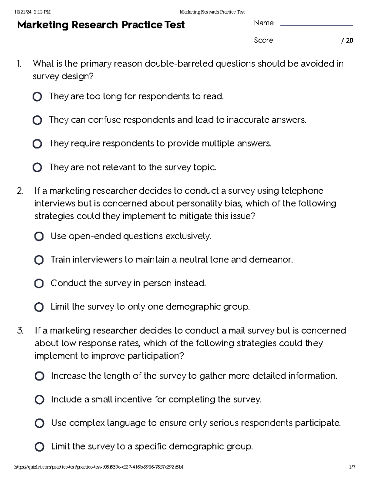 Chapter 6 Practice Test - Marketing Research Practice Test Name Score ...