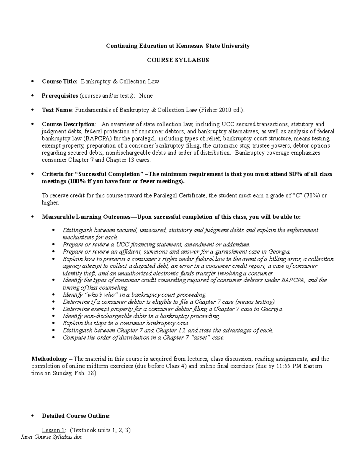 Paralegal Bankruptcy Syllabus - Continuing Education at Kennesaw State ...