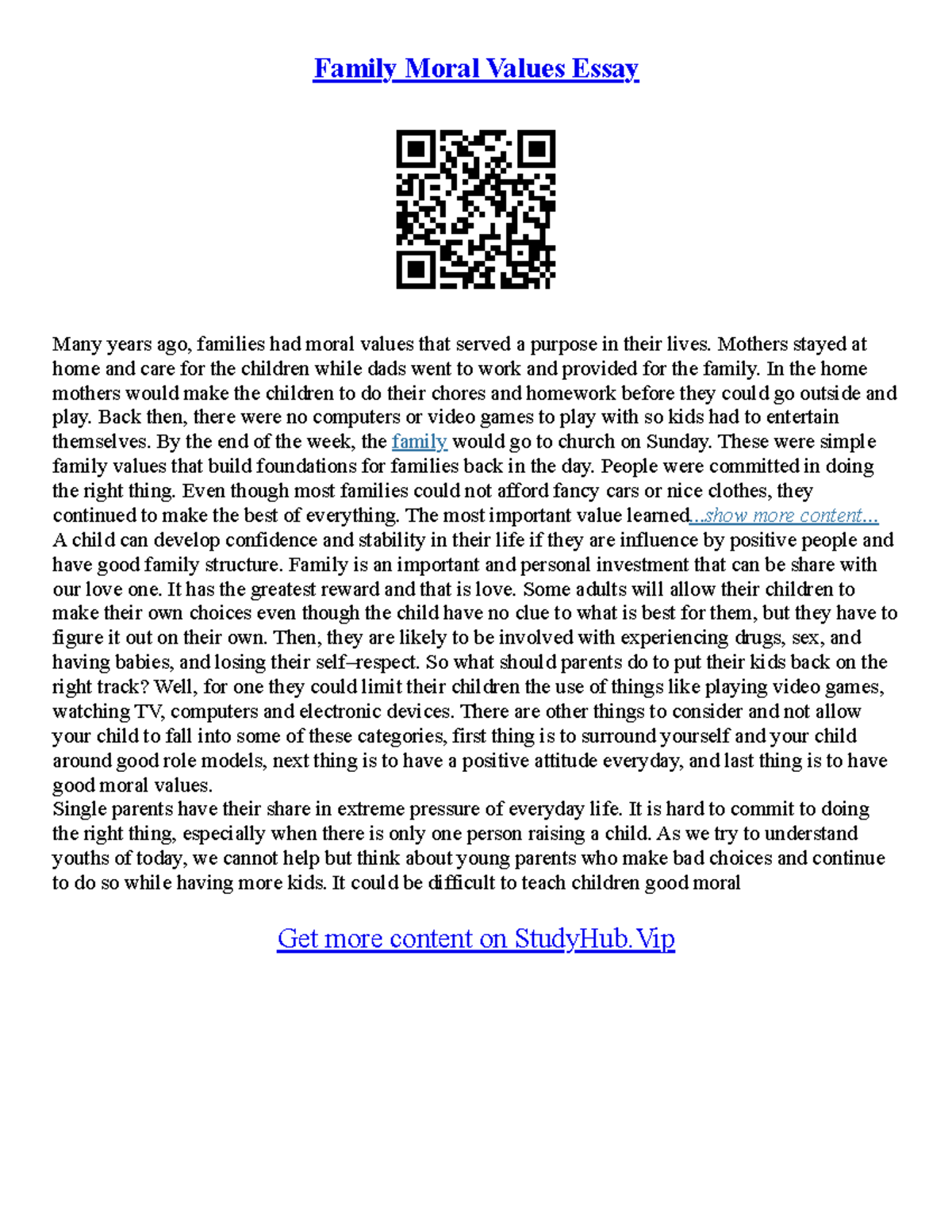 Essays On Moral Values - Family Moral Values Essay Many years ago ...