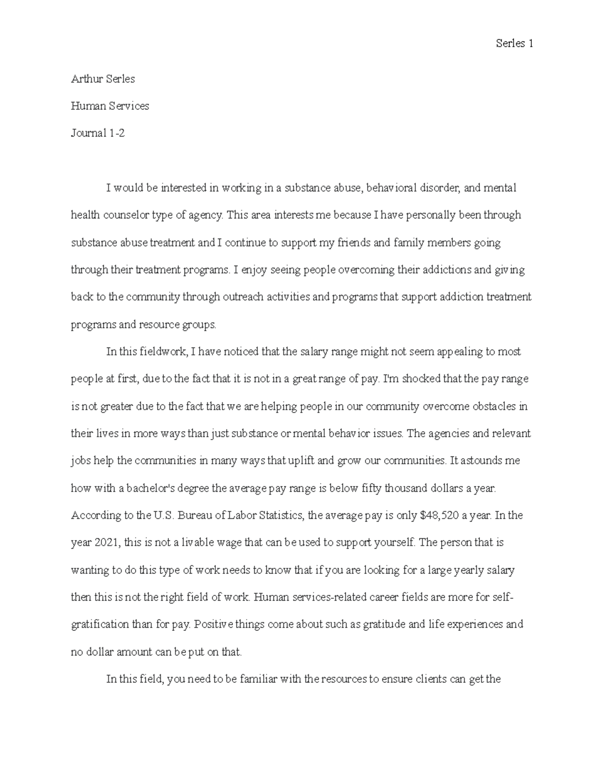 Human services doc 1 - Serles 1 Arthur Serles Human Services Journal 1 ...