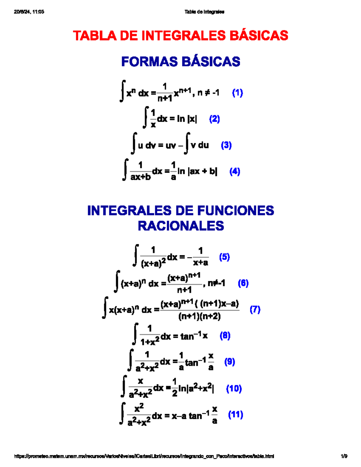 Tablas de integrales fundamentales - 11:05 Tabla de integrales TABLA DE ...