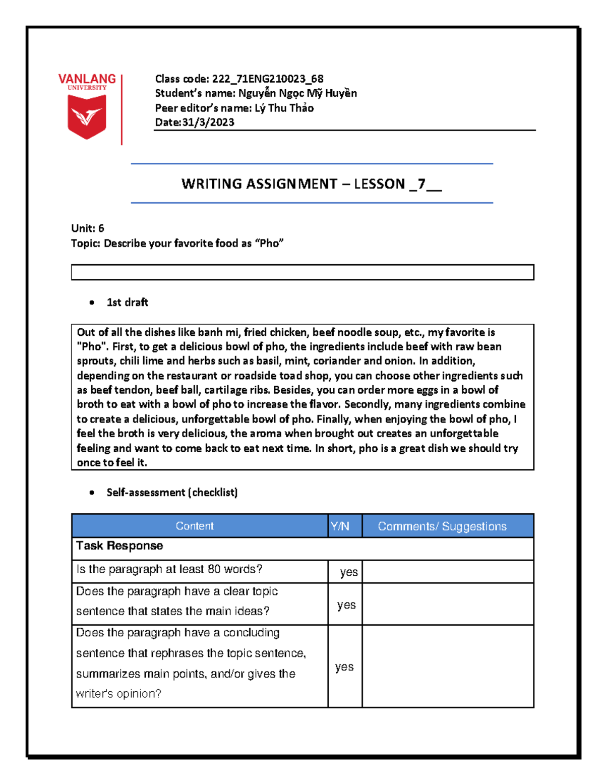 Template Writing assignment - Lesson 7 - Class code: 222_71ENG210023_ Student’s name: Nguyễn ...