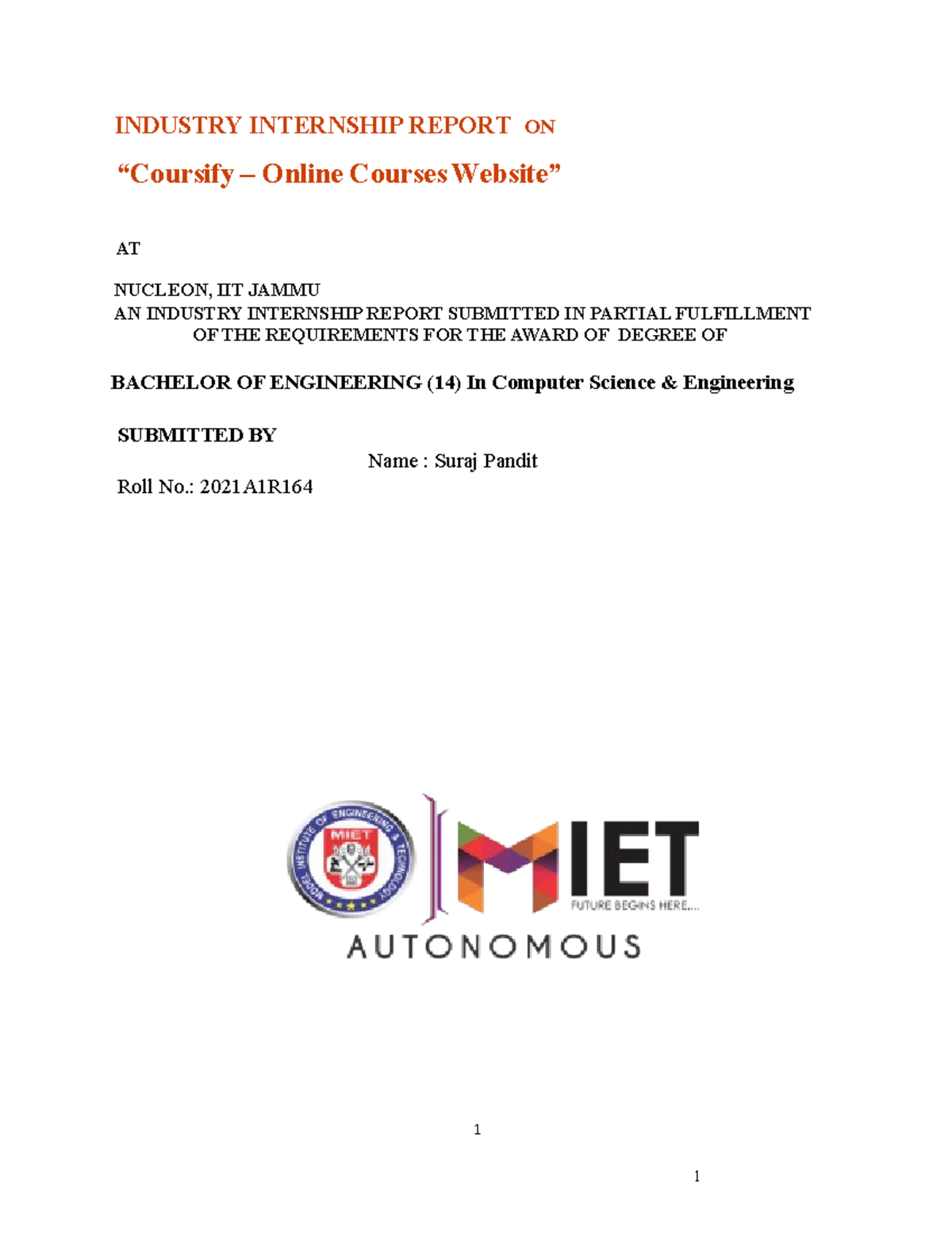 a project report - INDUSTRY INTERNSHIP REPORT ON “Coursify – Online ...