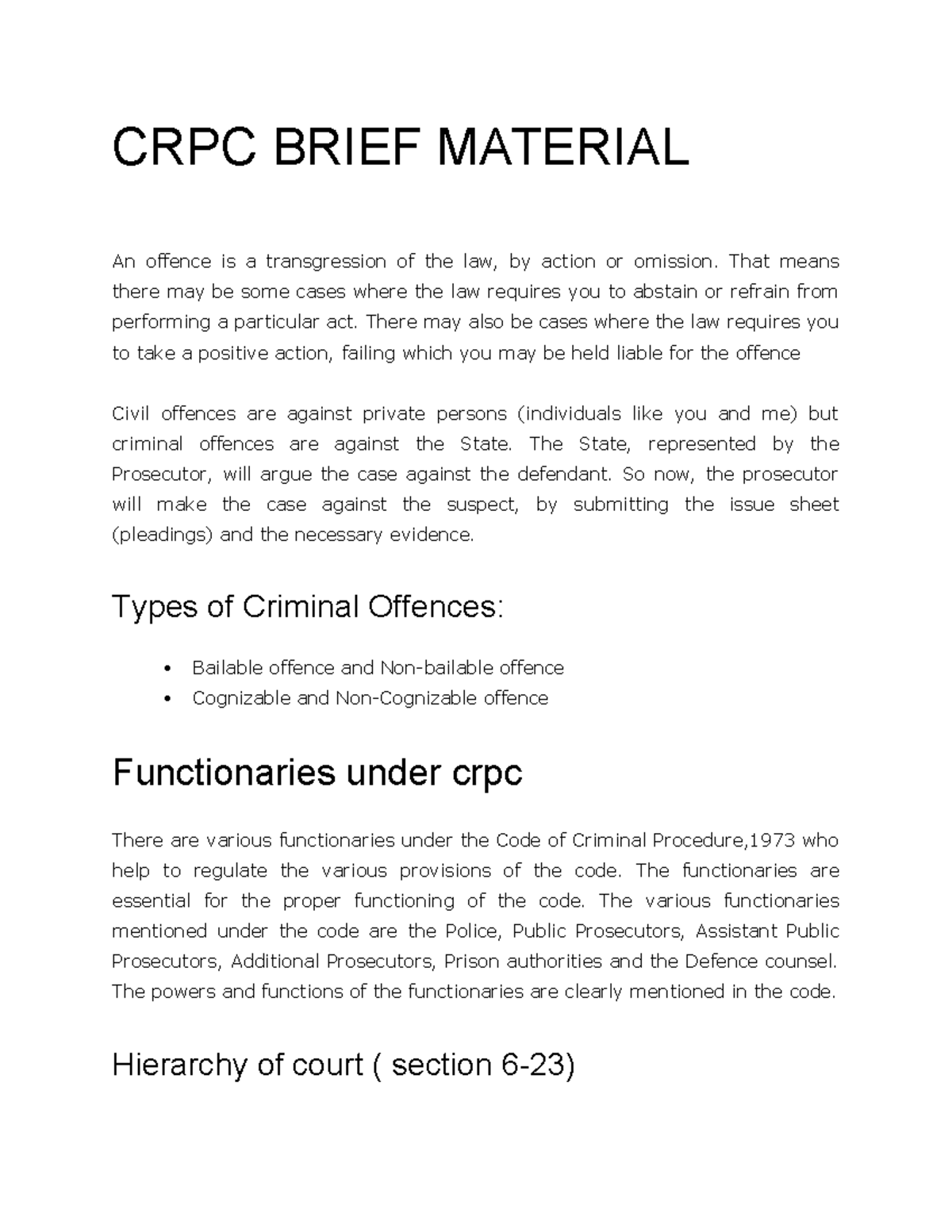 CRPC Brief Material - CRPC BRIEF MATERIAL An offence is a transgression ...