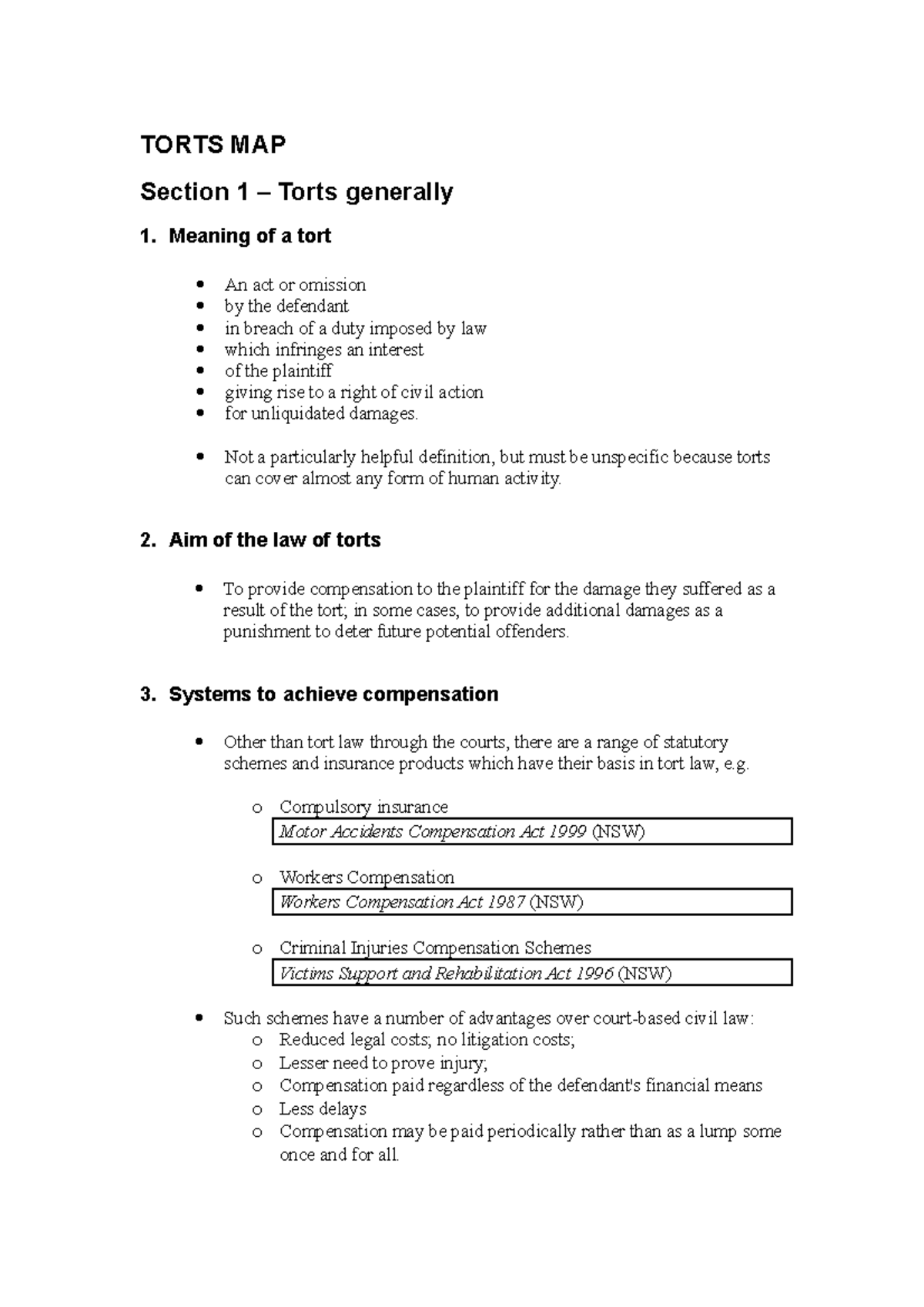 Summary Intentional Torts - TORTS MAP Section 1 – Torts generally 1 ...