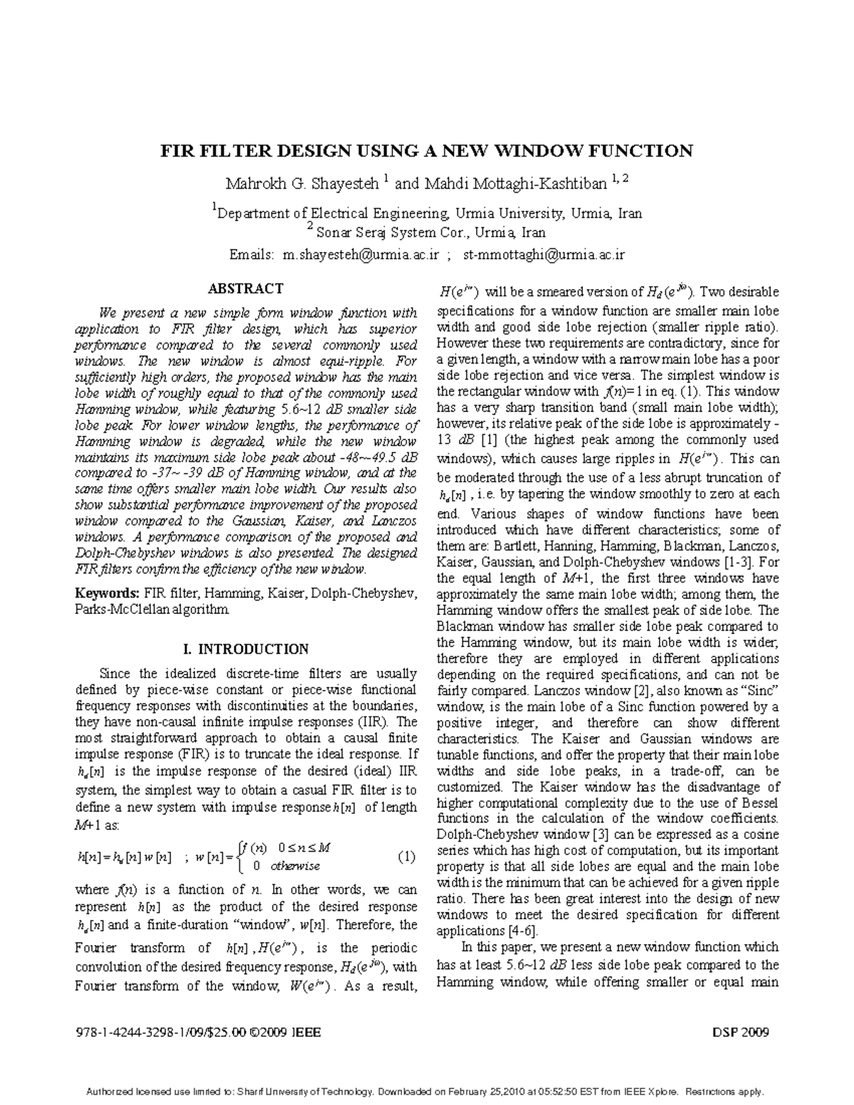 DSP Fir Filter Design 2009 - FIR FILTER DESIGN USING A NEW WINDOW FUNCTION Mahrokh G. Shayesteh ...