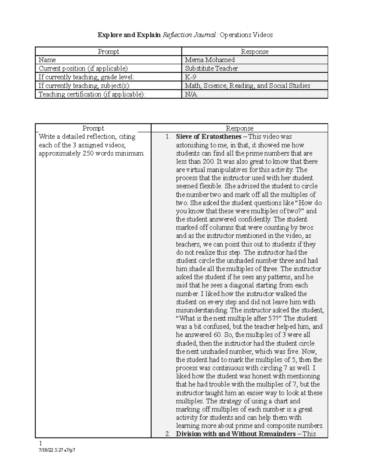 Explore and Explain Journal Reflection Operations Videos - Explore and ...
