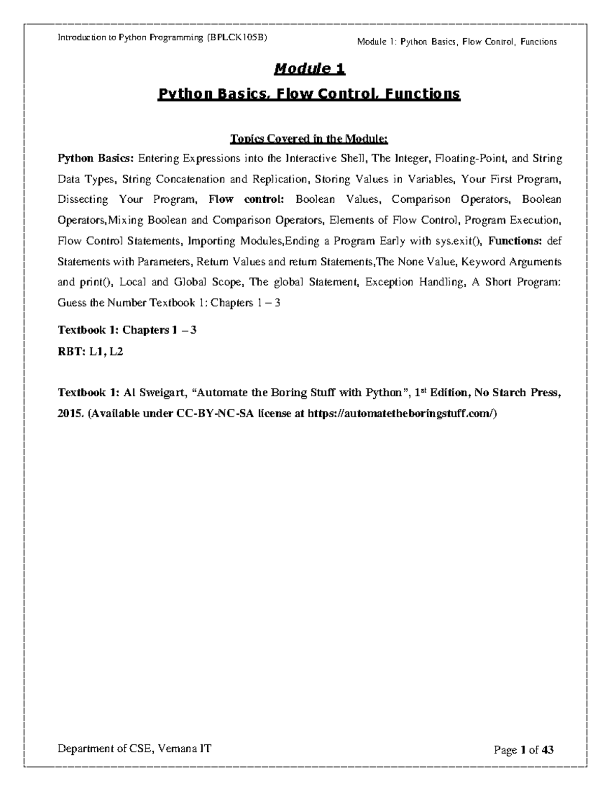 Bplck 105b Module 1 Notes 1 Module 1 Python Basics Flow Control Functions Topics Covered