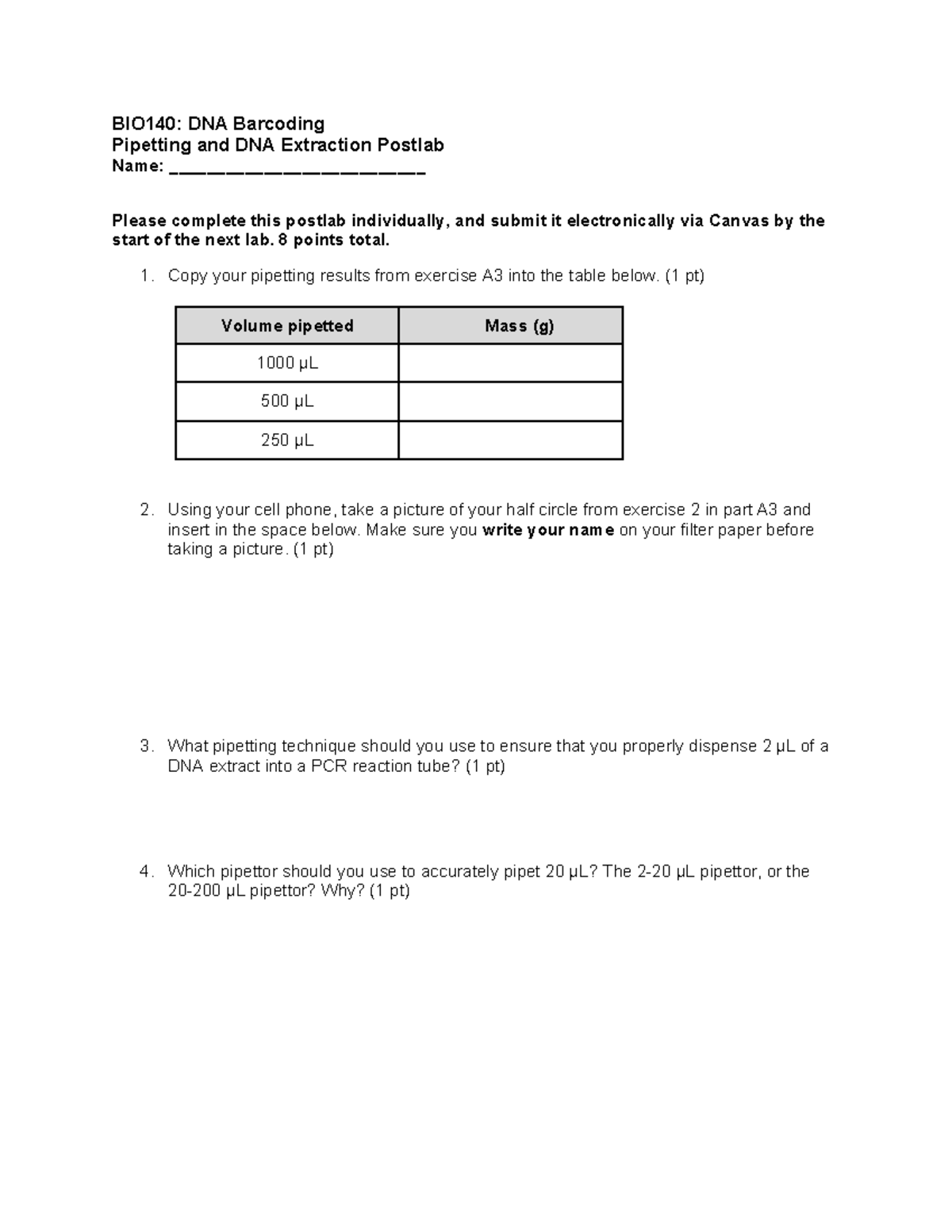 Pipetting Postlab Template - BIO140: DNA Barcoding Pipetting and DNA ...