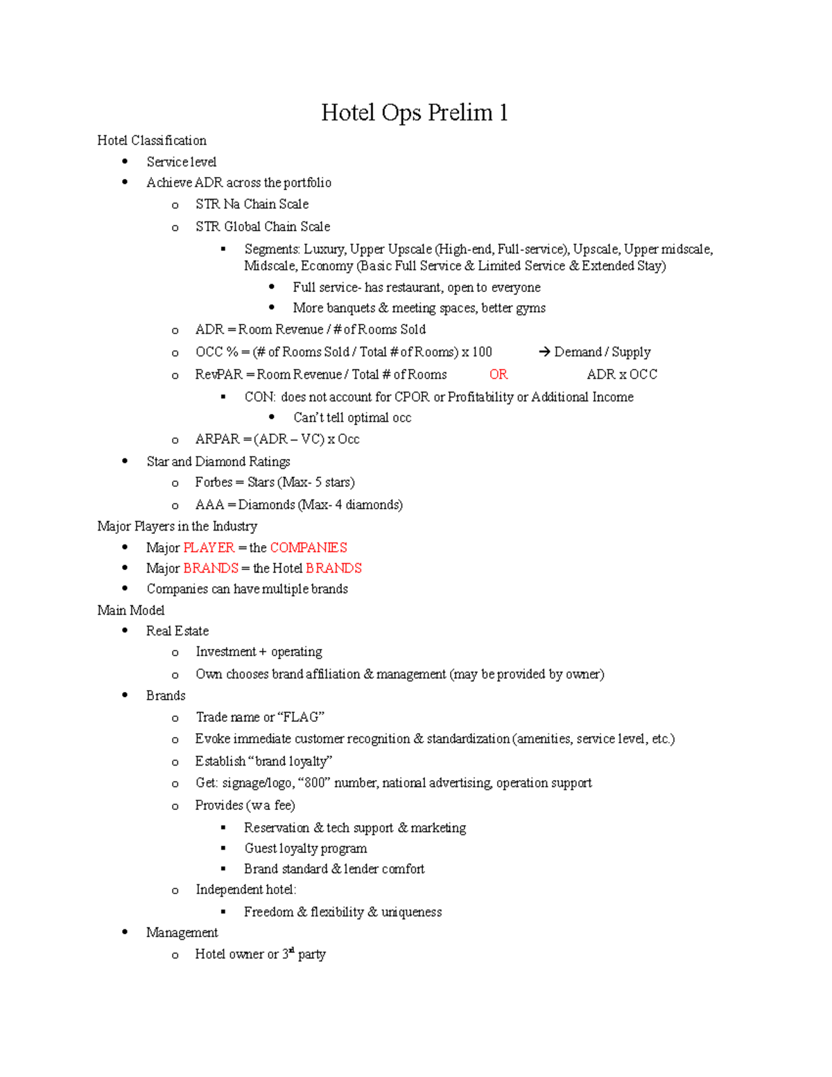 Hotel Ops Prelim 1 - ) o Establish “brand loyalty” o Get: signage/logo ...