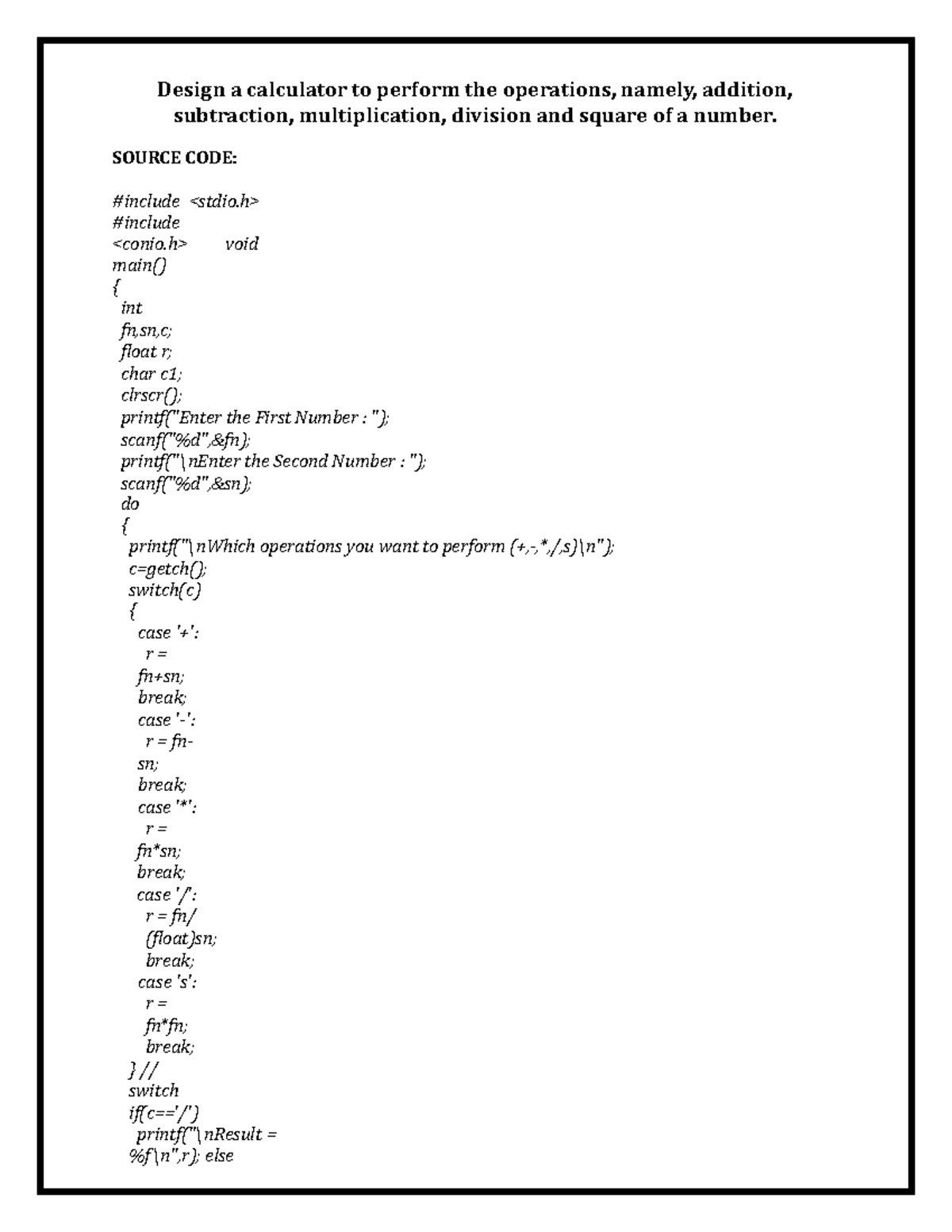 C pgm - study - Design a calculator to perform the operations, namely ...