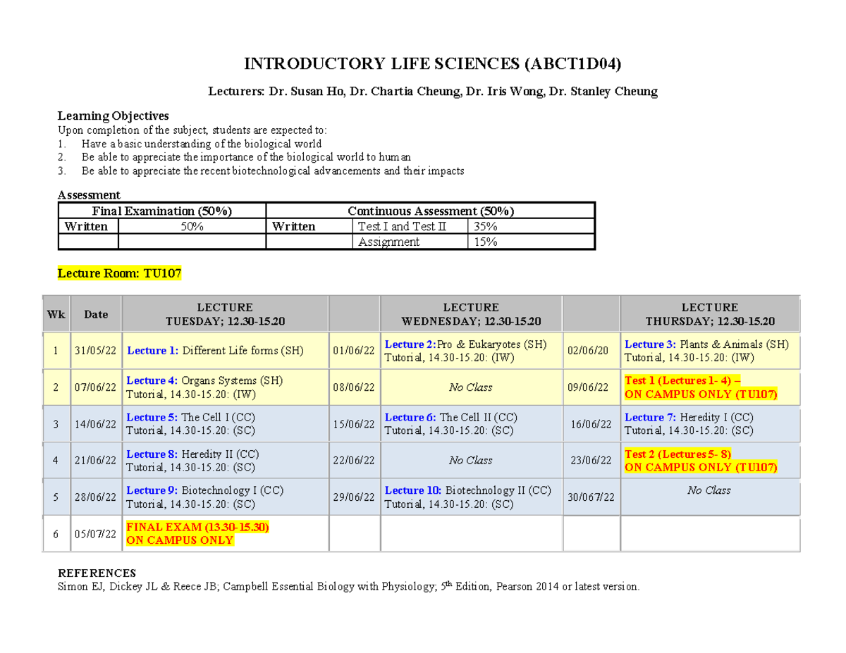 Intro to Life Sci Timetable - INTRODUCTORY LIFE SCIENCES (ABCT1D04 ...