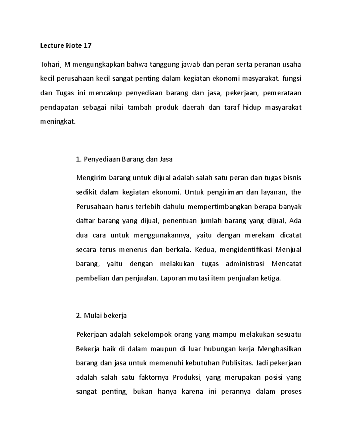 Lecture Note Pengantar Manajemen 17 - Lecture Note 17 Tohari, M mengungkapkan bahwa tanggung ...