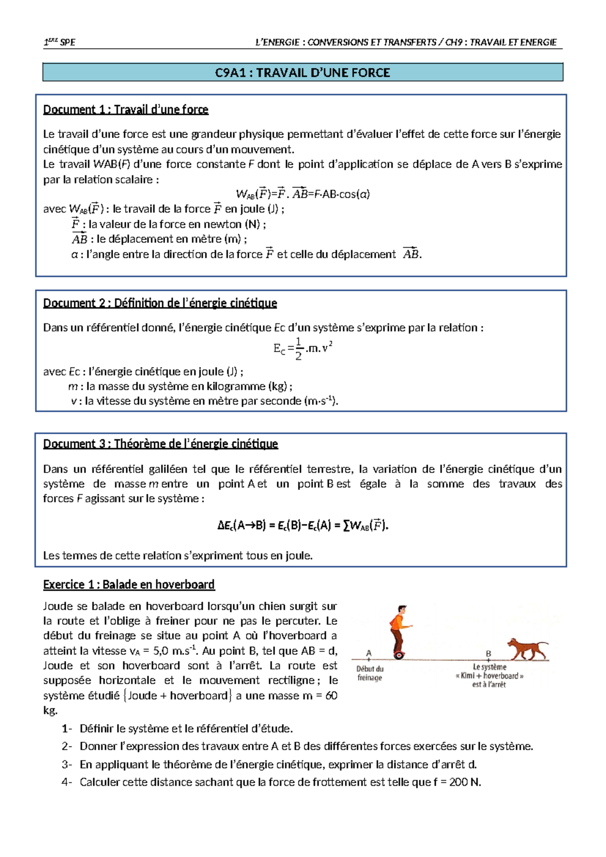 Exercices energie et travail force Corrige AVEC Karim (ex1,3,4) - 1 ERE ...