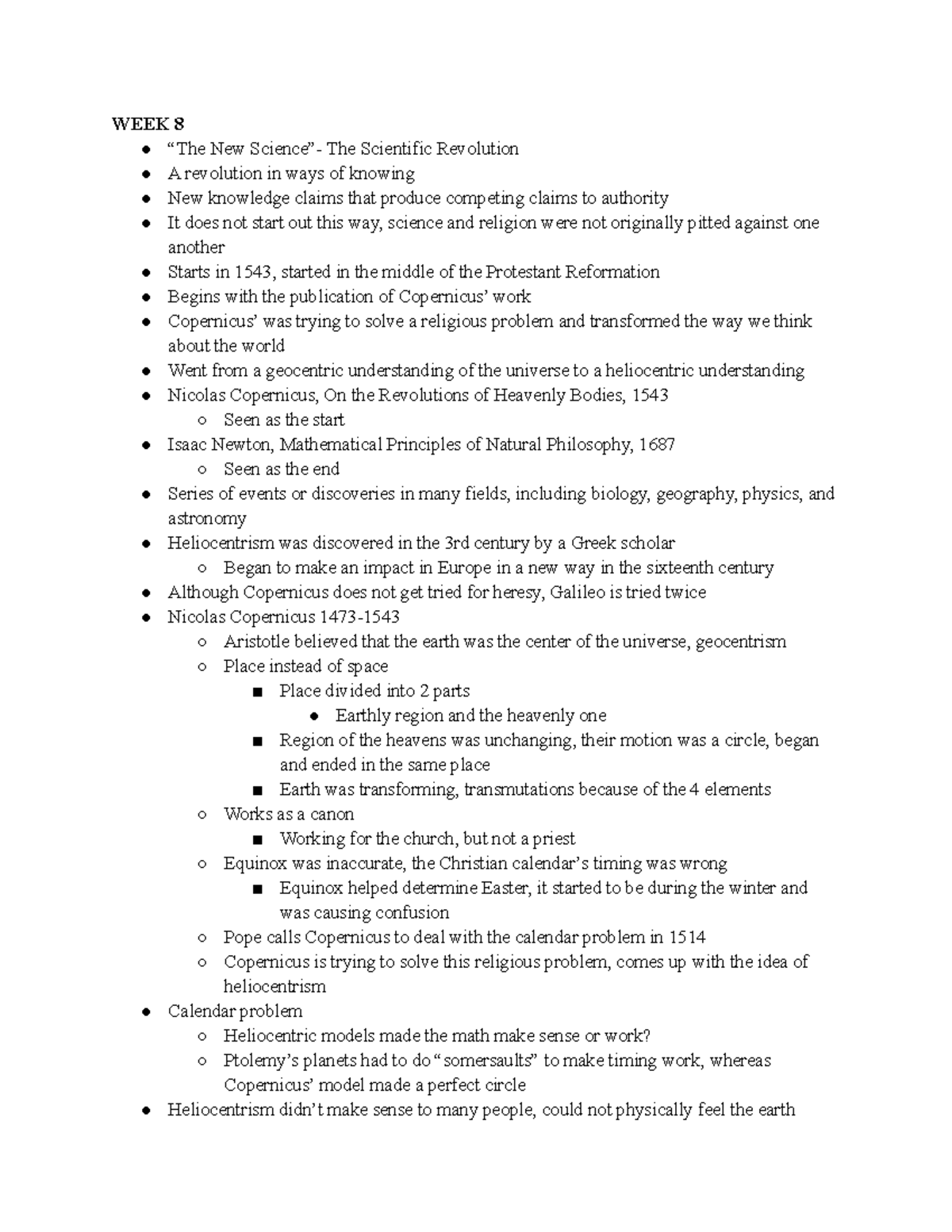 Notes - WEEK 8 “The New Science”- The Scientific Revolution A ...