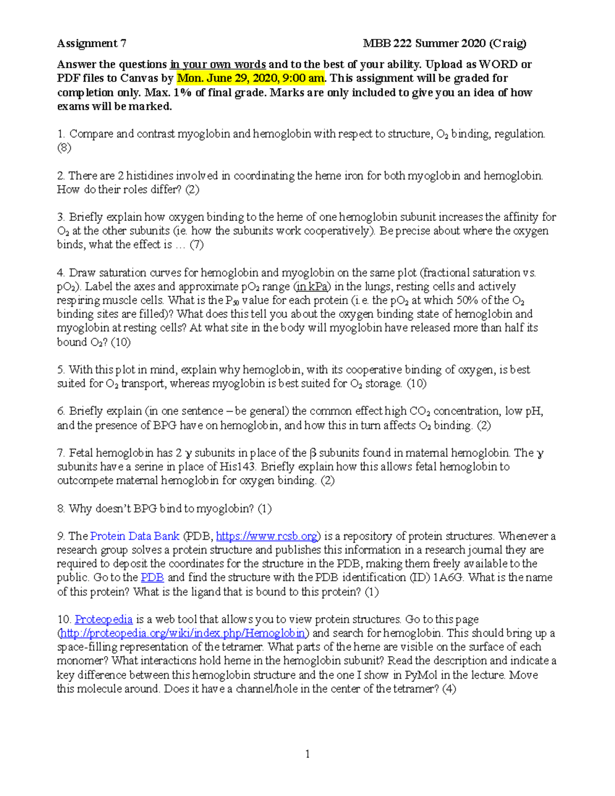 Assignment 7-2 - Assignment 7 MBB 222 Summer 2020 (Craig) Answer the ...