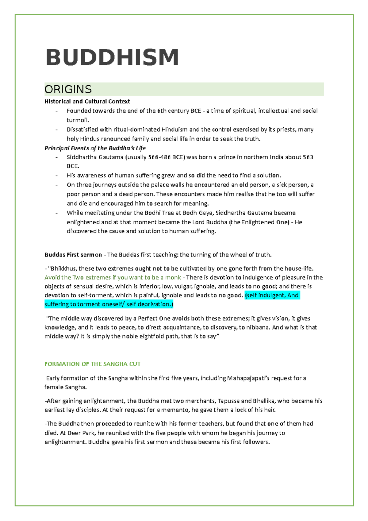 Buddhism - exam notes - BUDDHISM ORIGINS Historical and Cultural ...