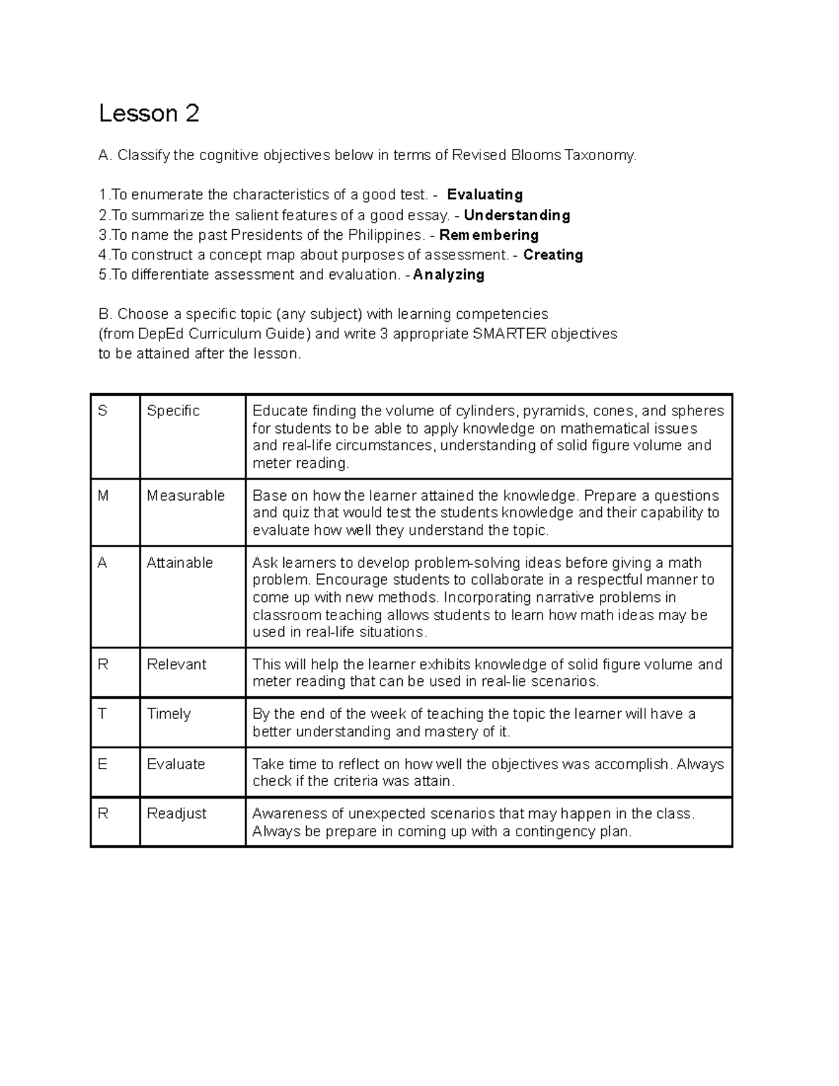Lesson 2 - enjoyrevi - Lesson 2 A. Classify the cognitive objectives ...