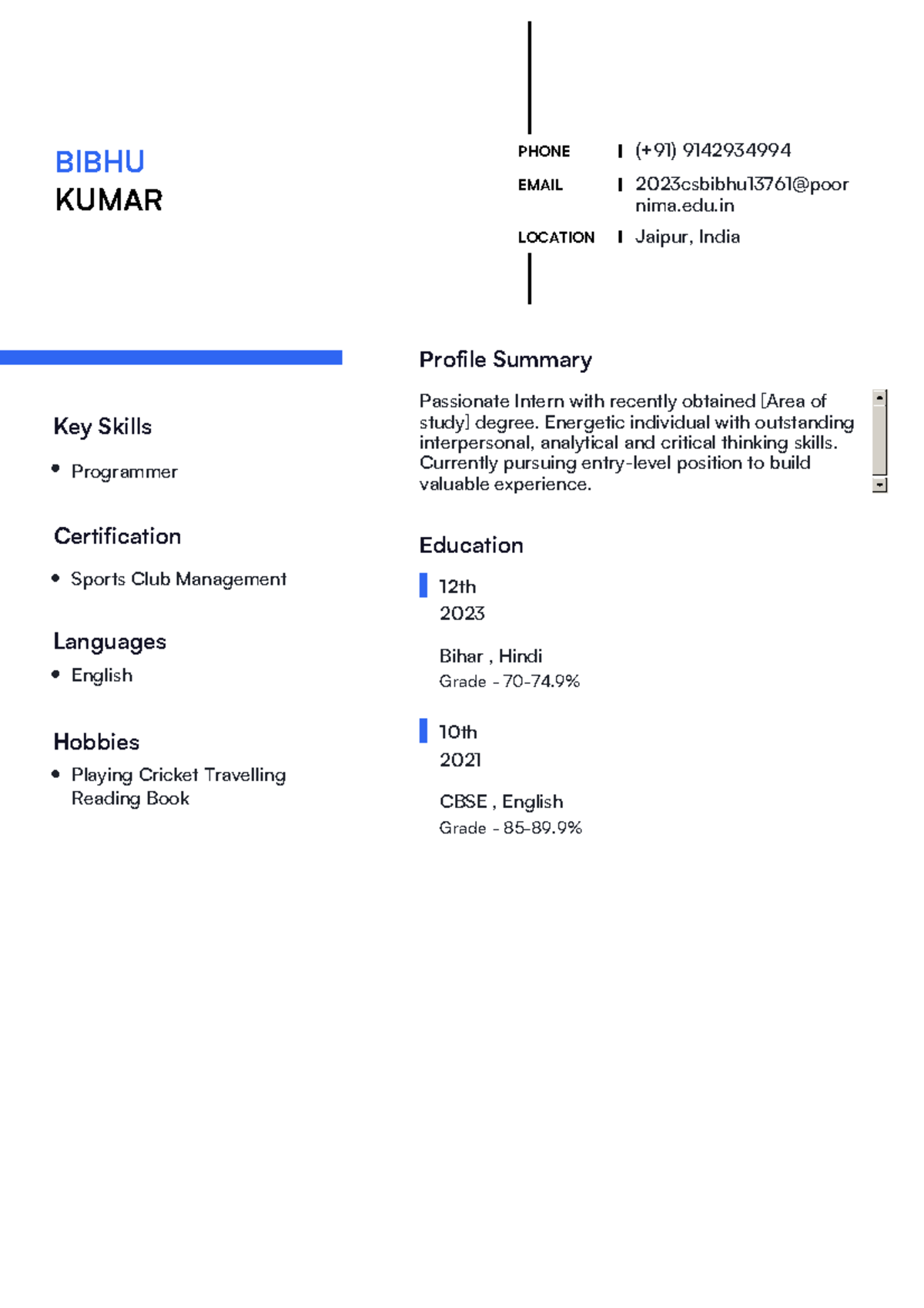 Resume - Key Skills Certification Sports Club Management Languages ...