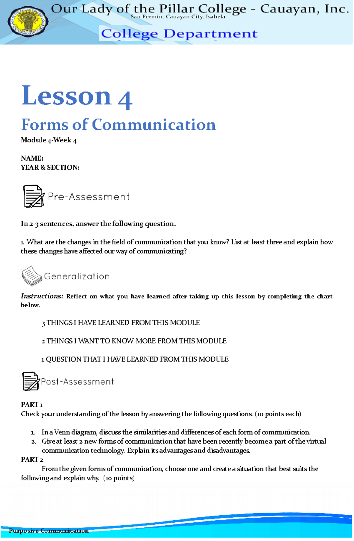 M4 Answer Sheet pcom - Lesson 4 Forms of Communication Module 4-Week 4 ...