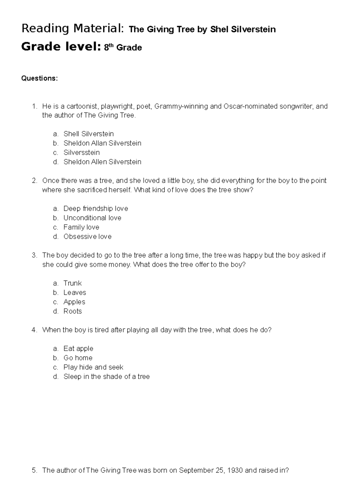 The Giving Tree - Questions v2 - Reading Material: The Giving Tree by ...