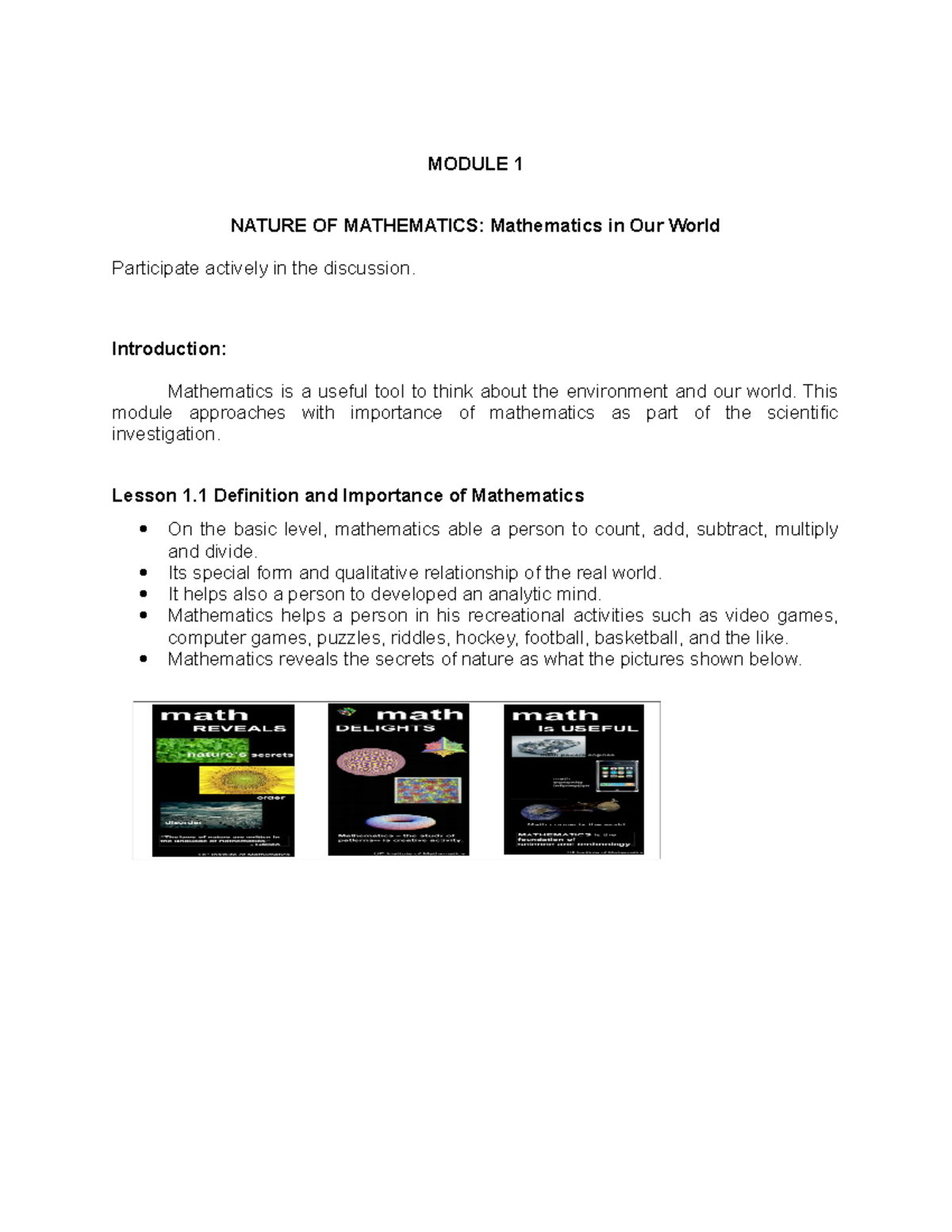 MMW Reviewer - sclkedowp[/d - MODULE 1 NATURE OF MATHEMATICS: Mathematics in Our World ...