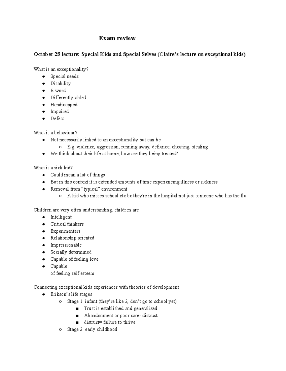 Exam review - notes for exam - Exam review October 28 lecture: Special ...