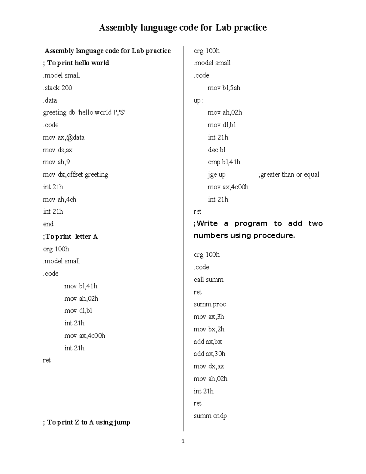 Lab manual for assembly language - Assembly language code for Lab ...