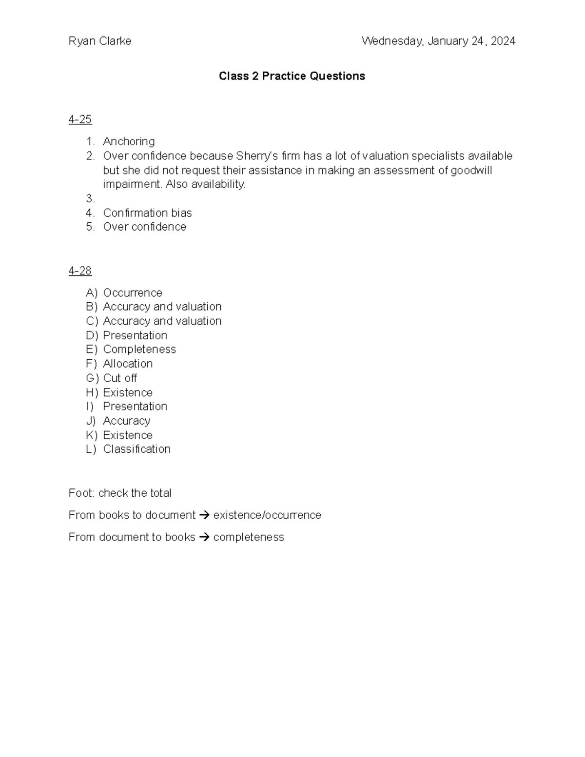 Class 2 Practice Questions - Ryan Clarke Wednesday, January 24, 2024 ...