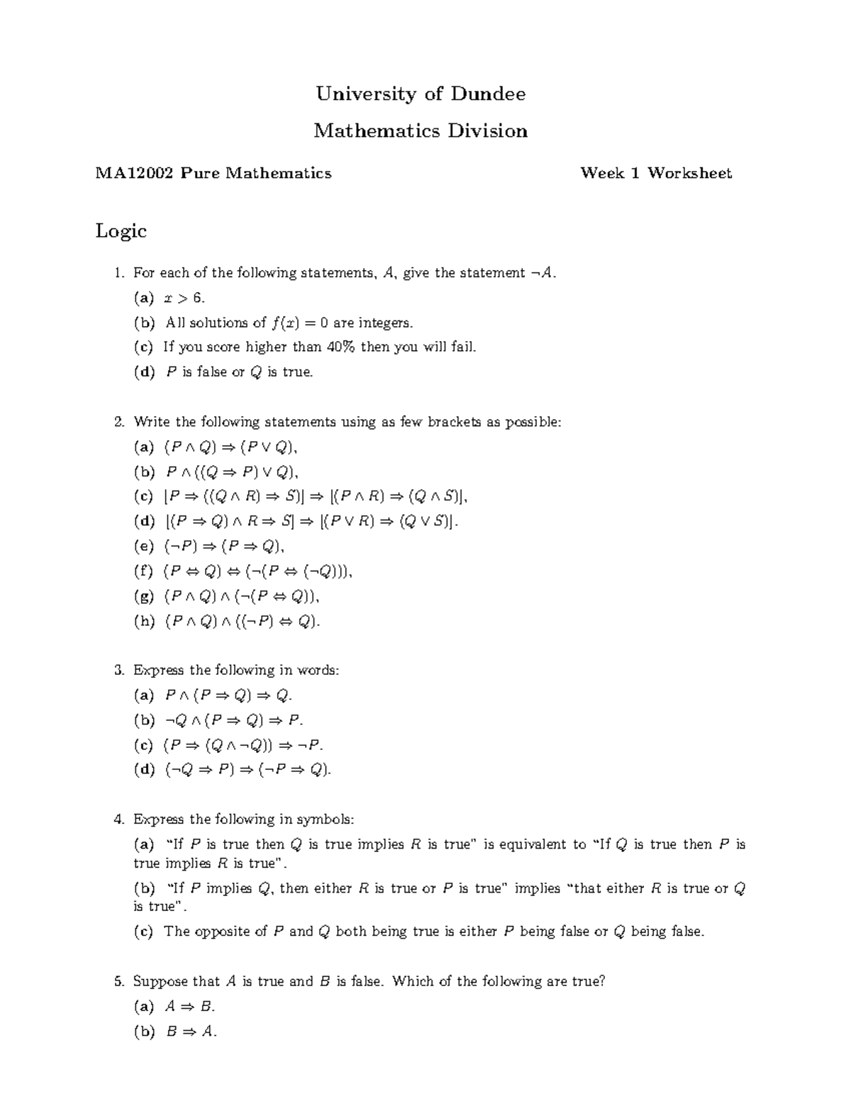 MA12002 ws1-1 - Worksheet Logic - University of Dundee Mathematics ...