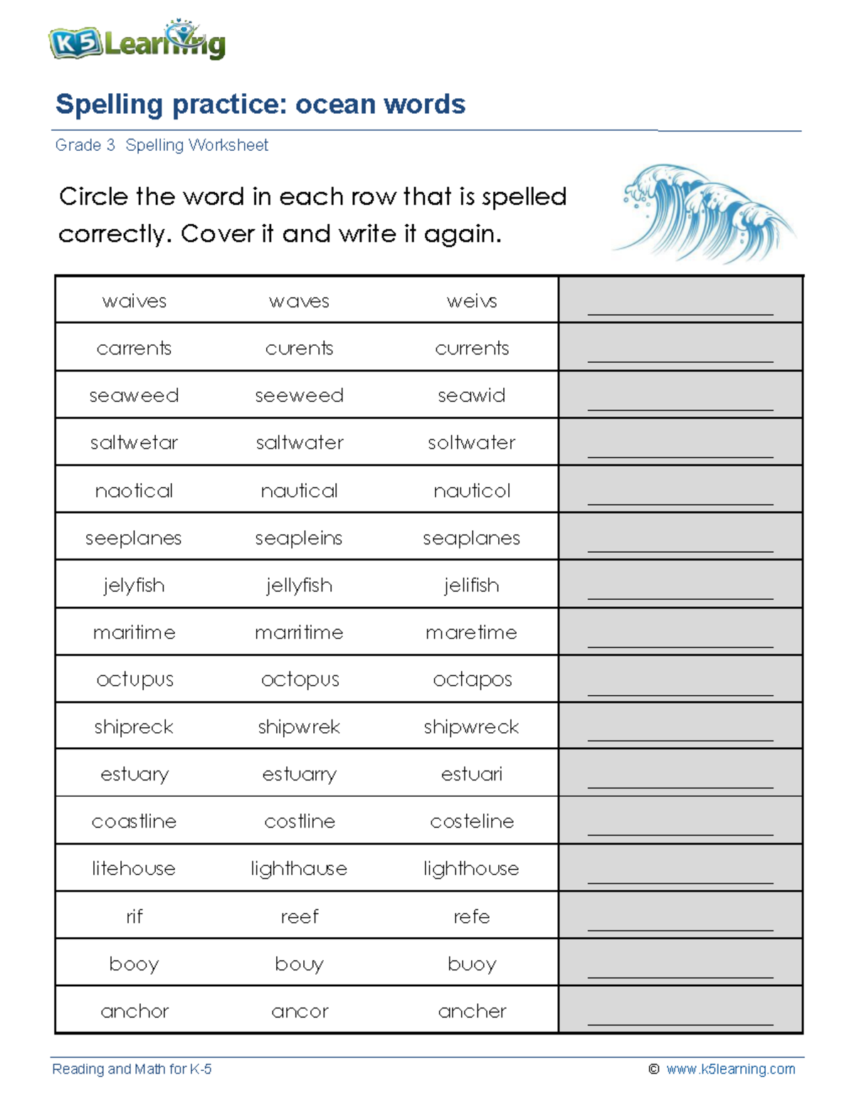 Grade 3 spelling challenge 1 - Reading and Math for K- 5 © k5learning ...
