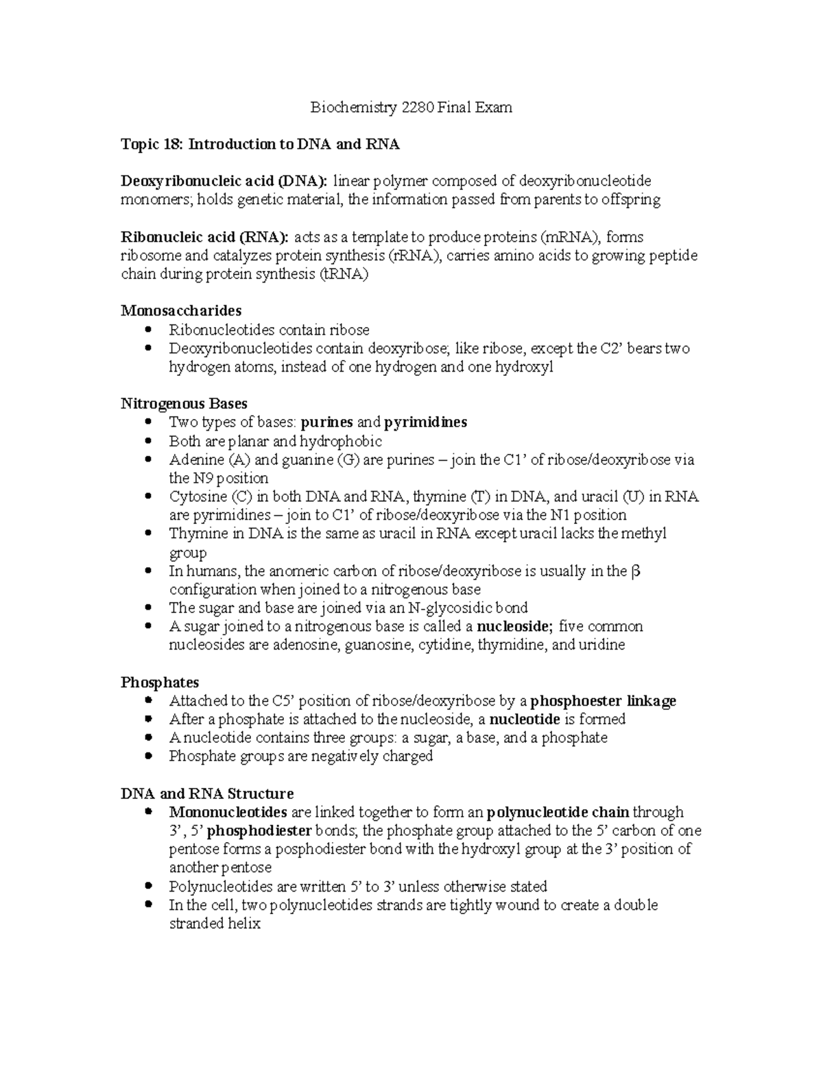 Biochemisty Final Exam Notes Summary - Biochemistry 2280 Final Exam ...