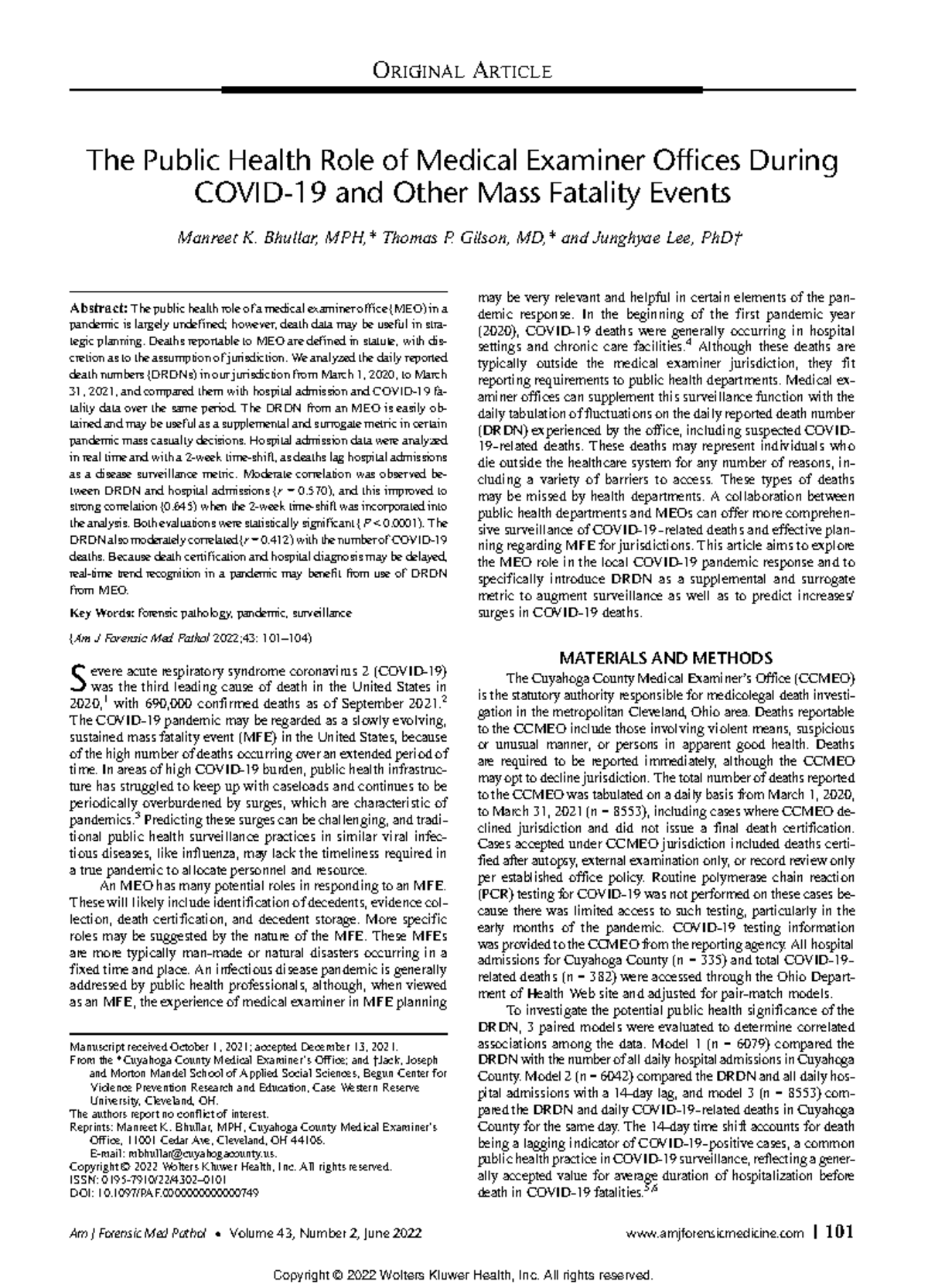 The Public Health Role of Medical Examiner Offices During Covid-19 and ...