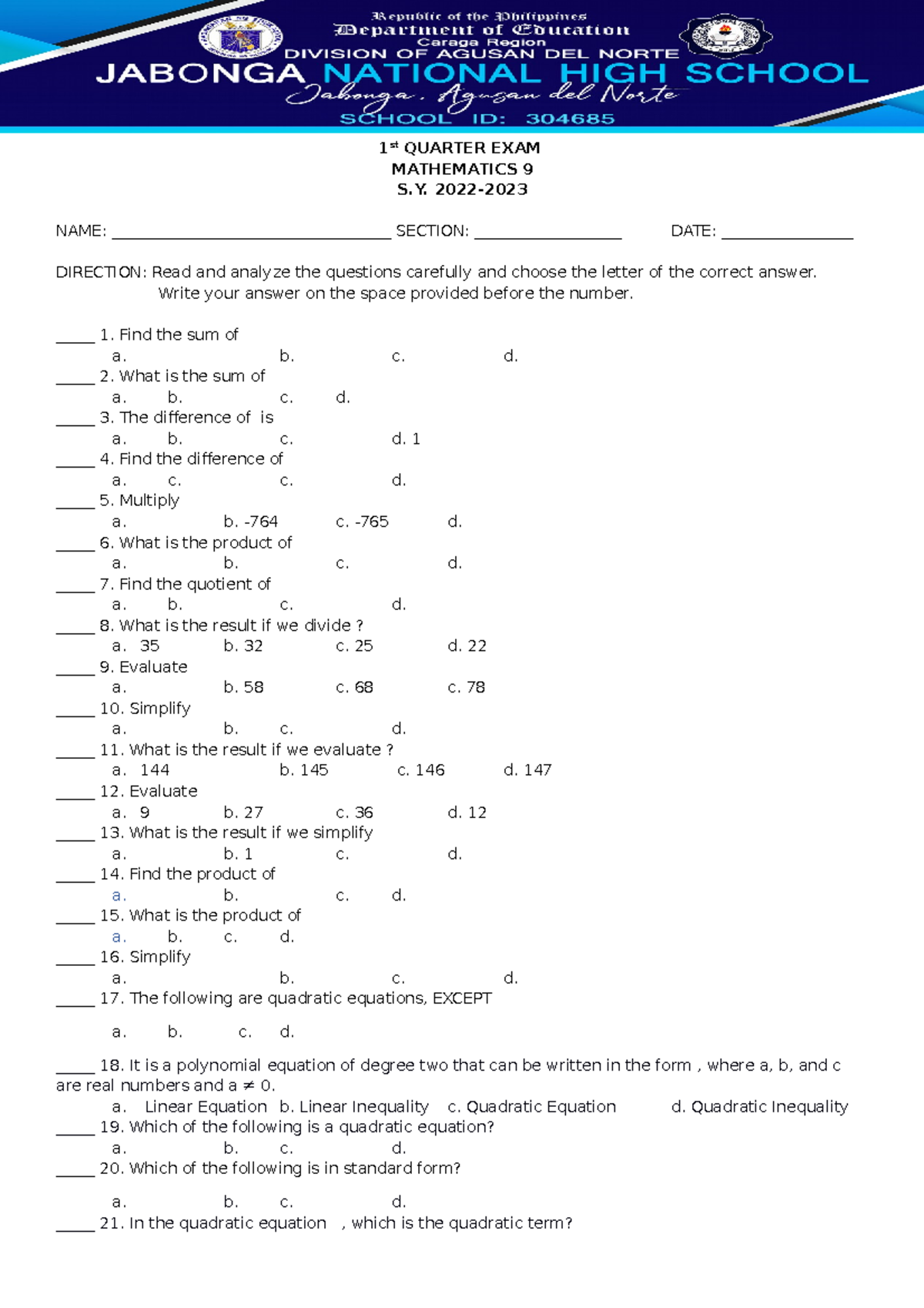 1st Quarter EXAM Final - 1 st QUARTER EXAM MATHEMATICS 9 S. 2022- NAME ...