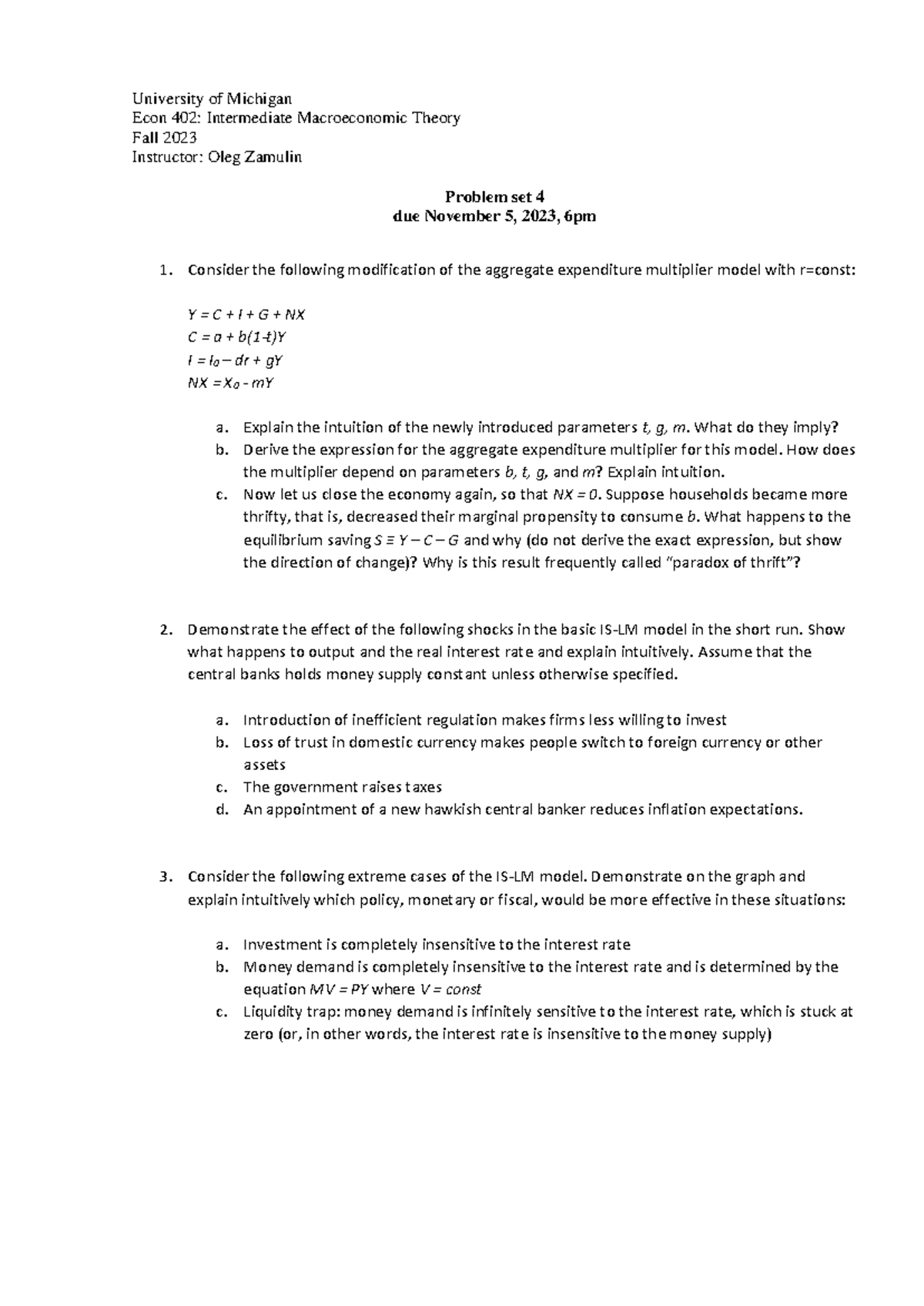 Problemset 4 Econ402 Fall23 - University of Michigan Econ 4 02: Intermediate Macroeconomic ...
