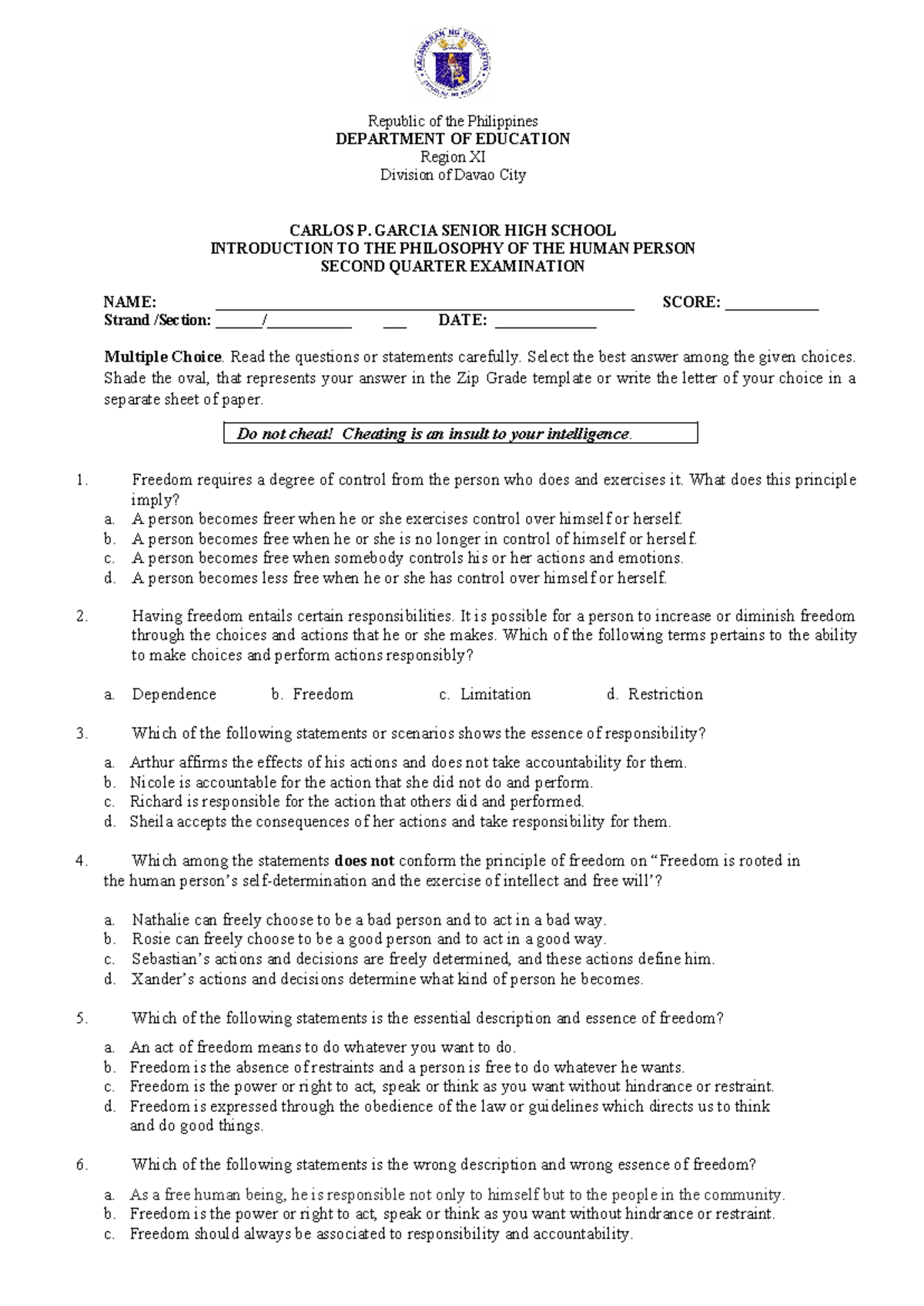 2nd Quarter Exam Philo - example - DEPARTMENT OF EDUCATION Region XI ...